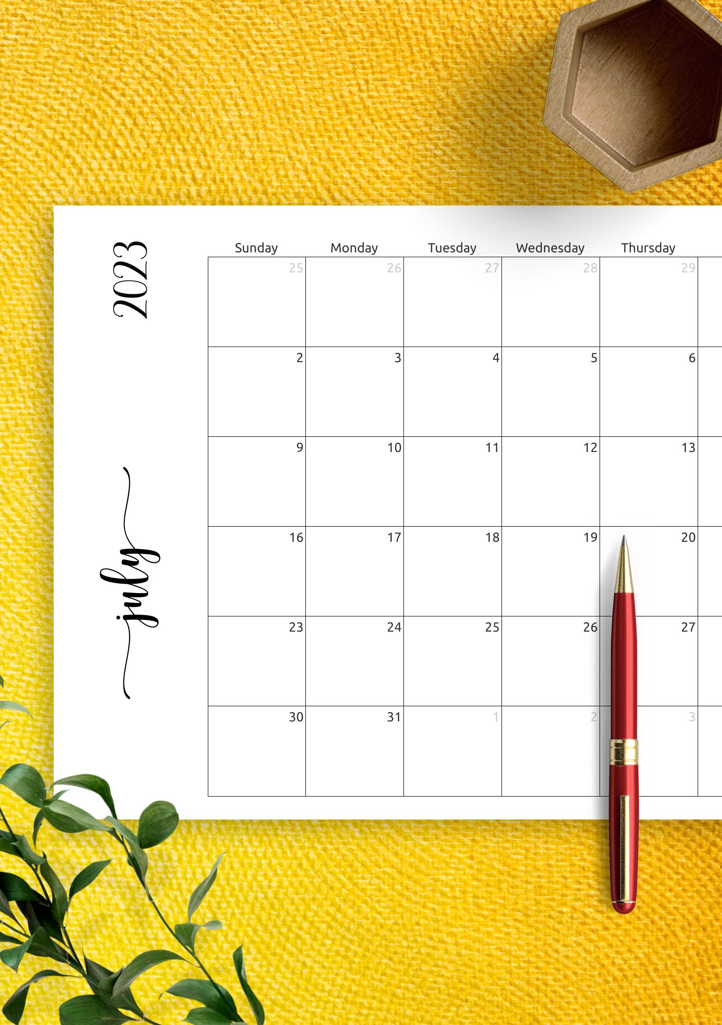 Download Printable Simple Monthly Calendar Horizontal PDF