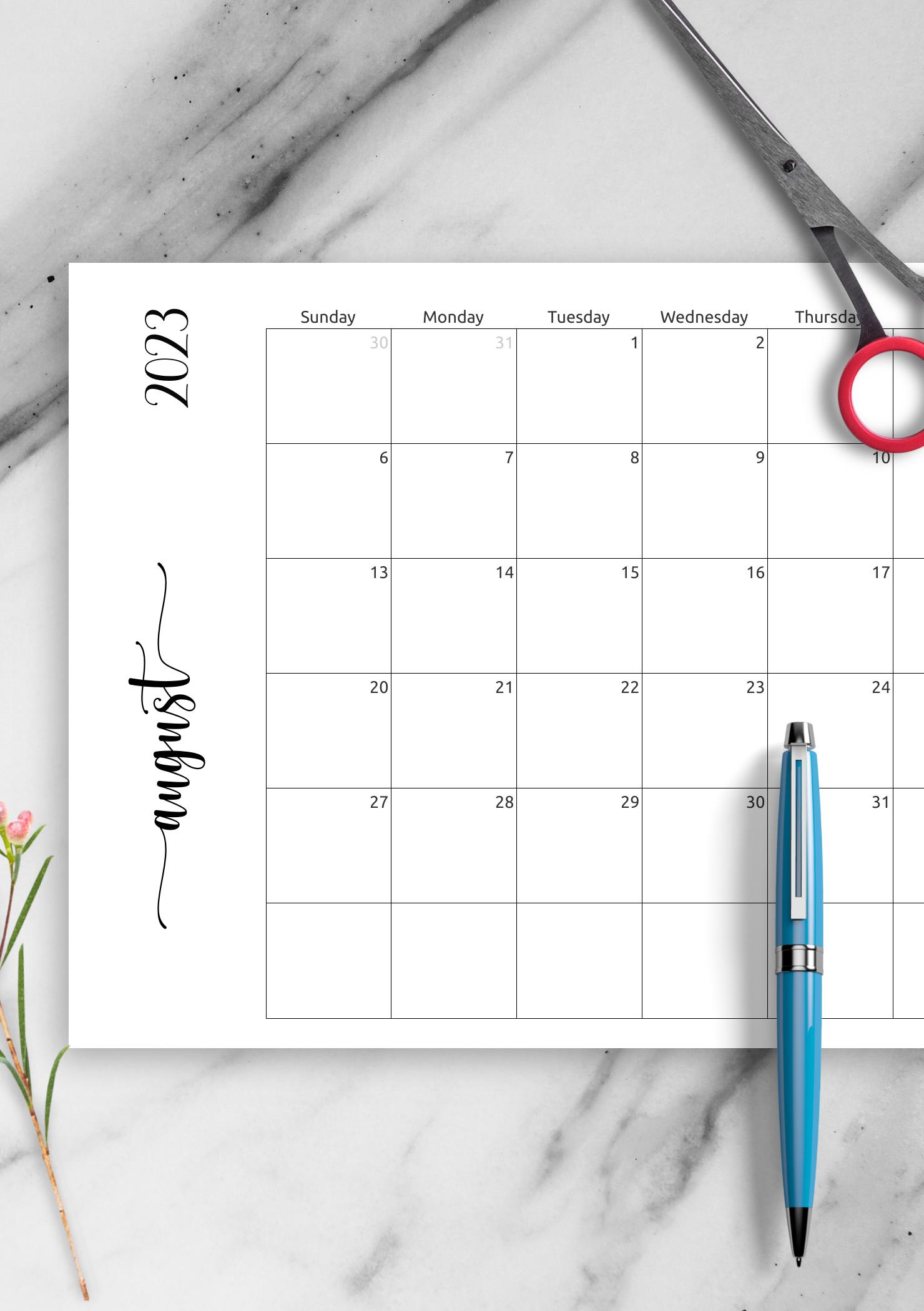 Download Printable Simple Monthly Calendar Horizontal PDF