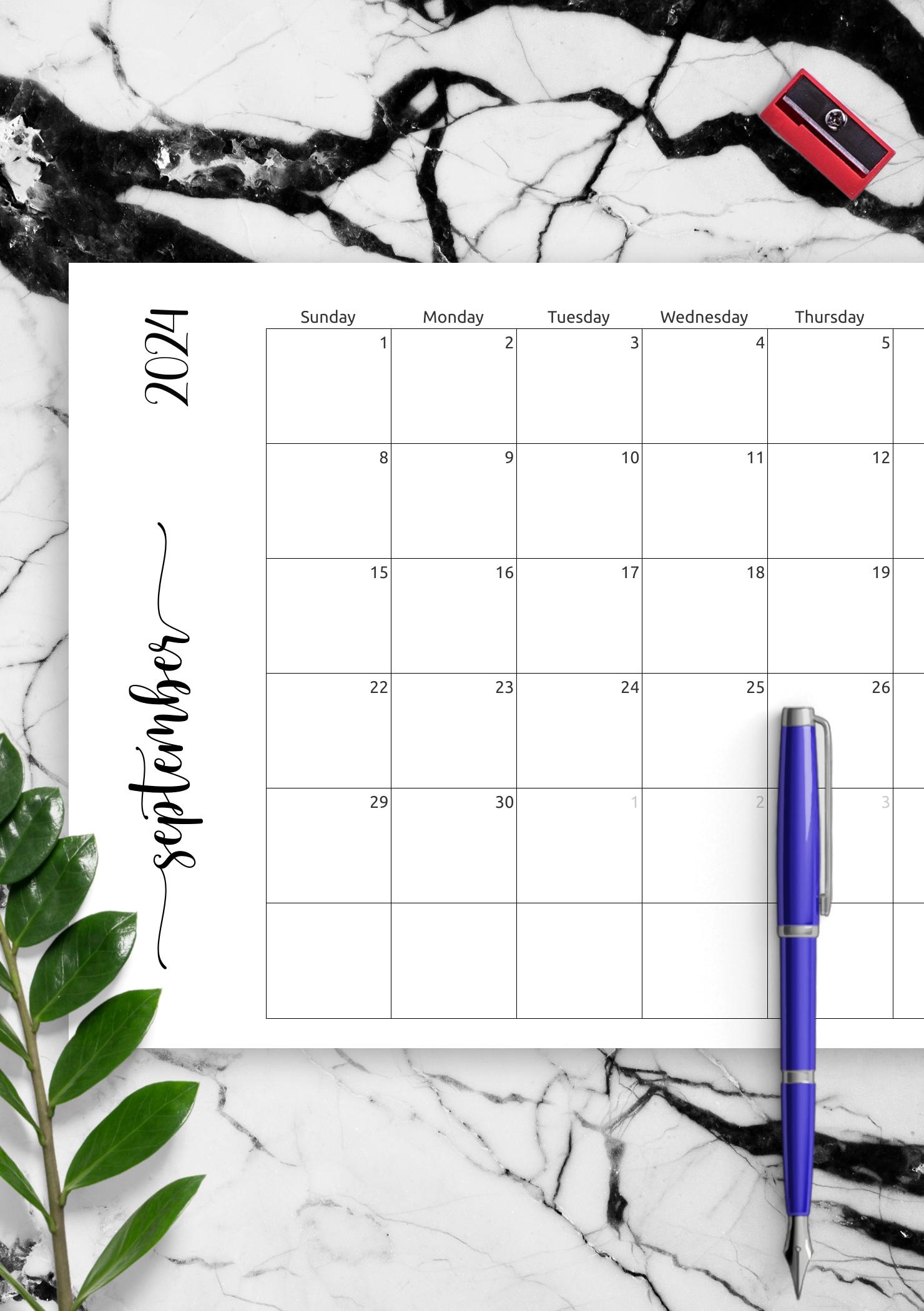 Download Printable Simple Monthly Calendar Horizontal PDF