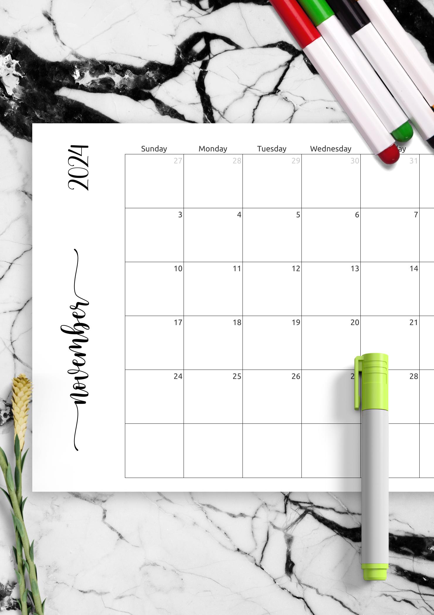 Download Printable Simple Monthly Calendar Horizontal PDF