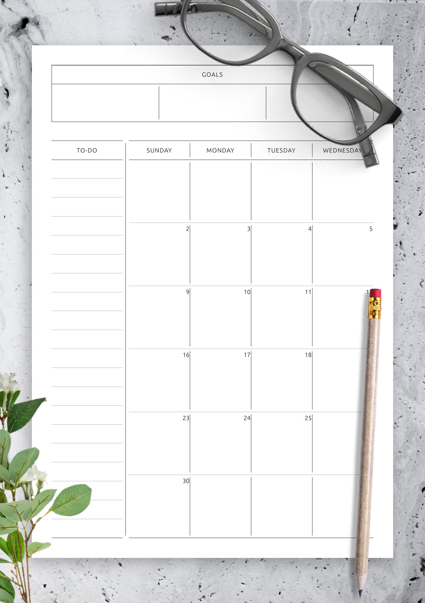 Download Printable Simple Monthly Calendar with Notes, To-Do, Goals ...