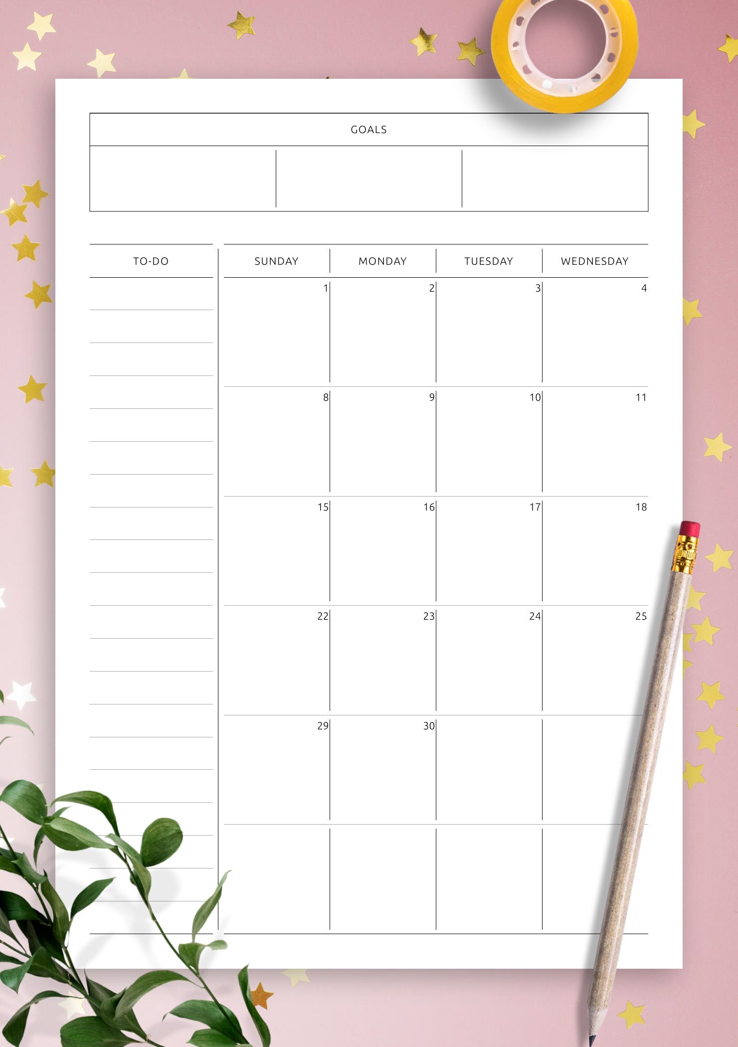 Download Monthly Calendar Template with Notes, To-Do & Goals