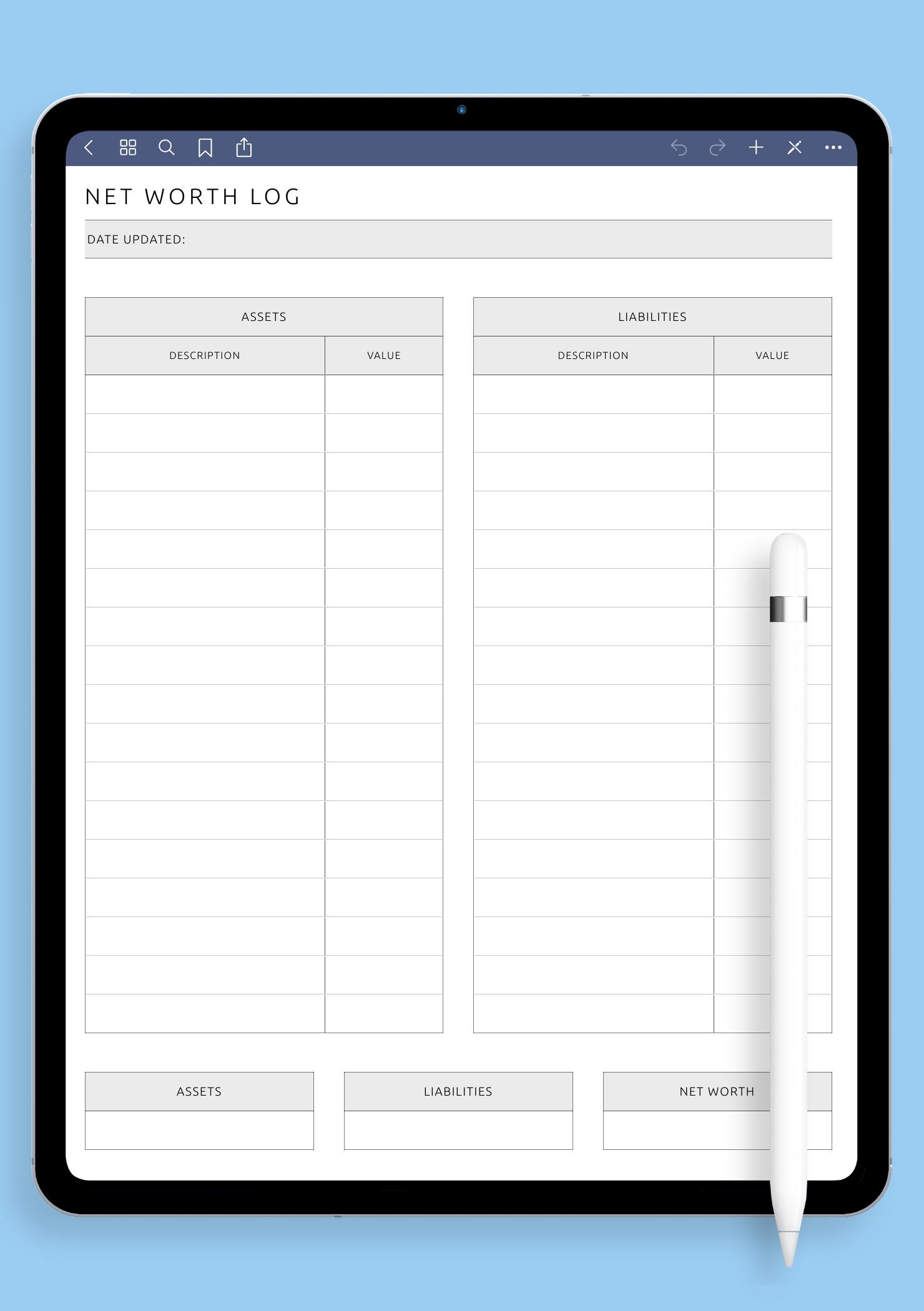 Download Printable Simple Net Worth Log Template PDF