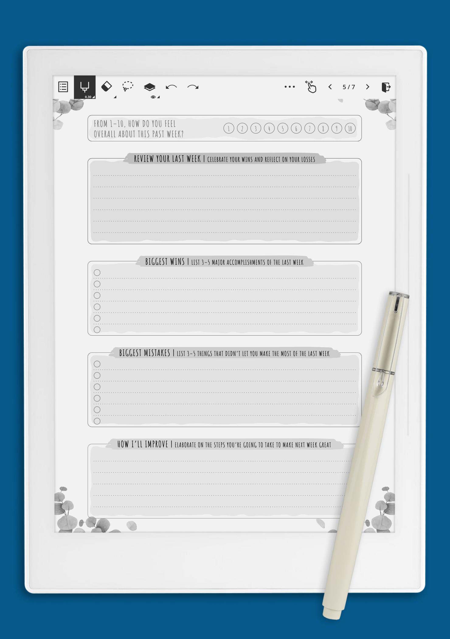 Download Printable Simple Weekly Goal Review Template - Floral Style PDF
