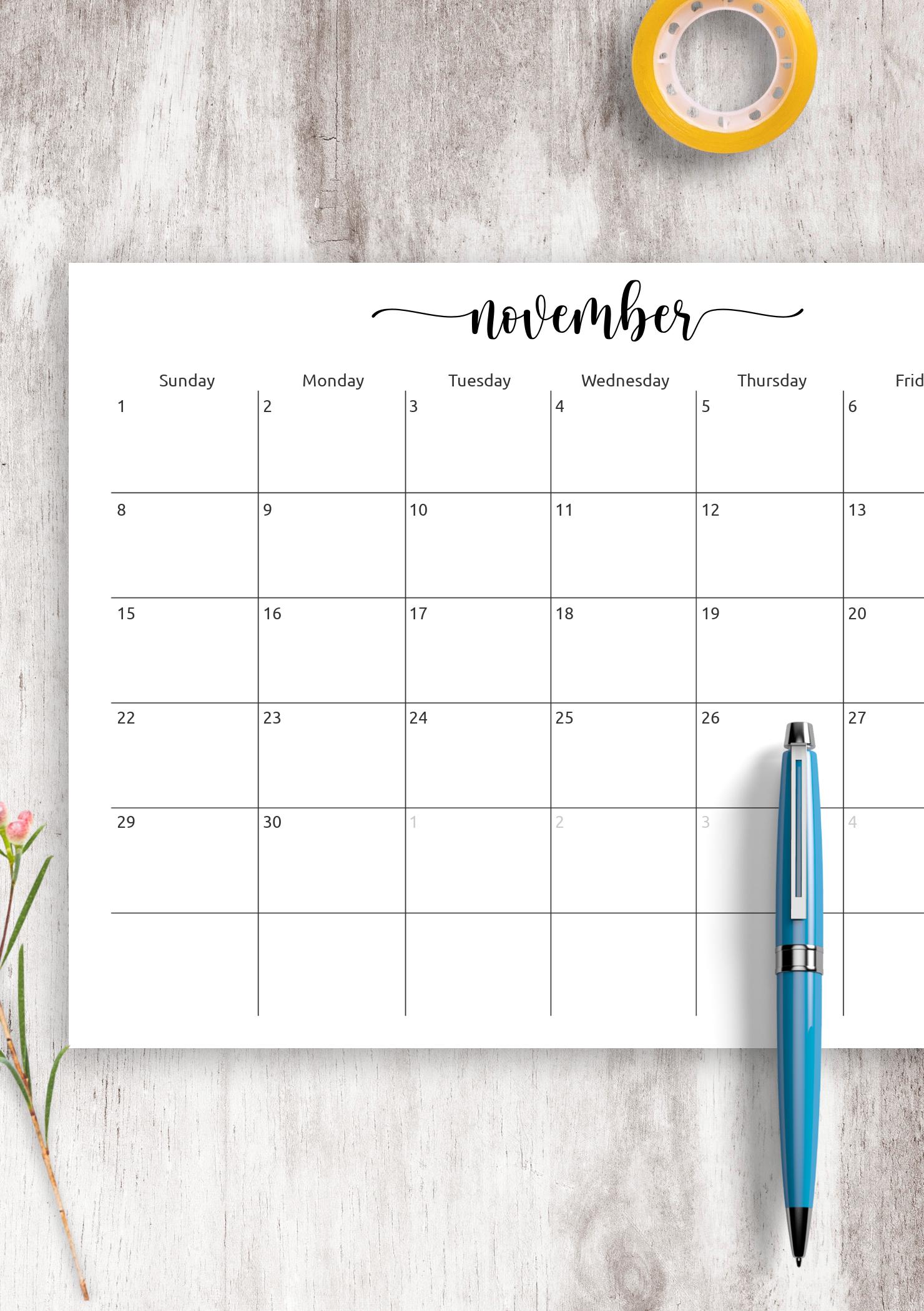 Download Printable Spacious Monthly Calendar Grid PDF