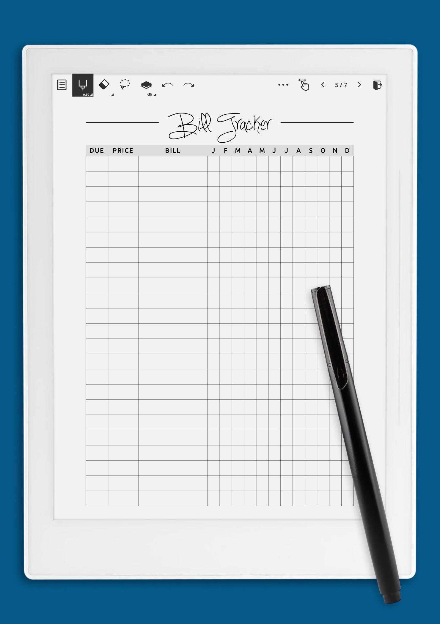 Download Printable Square grid monthly bill tracker PDF