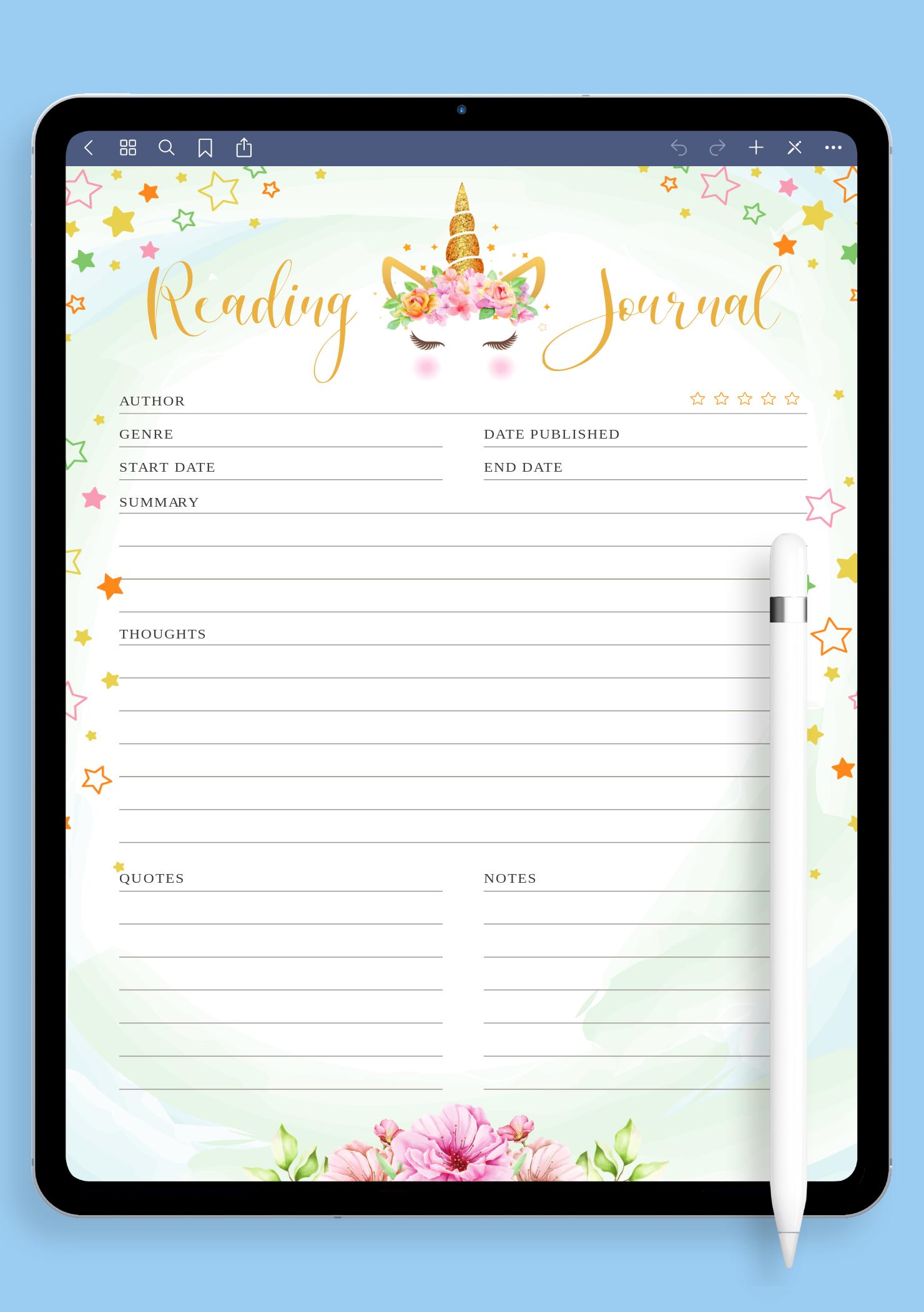 Download Printable Stars Unicorn Reading Journal Template For Kids PDF