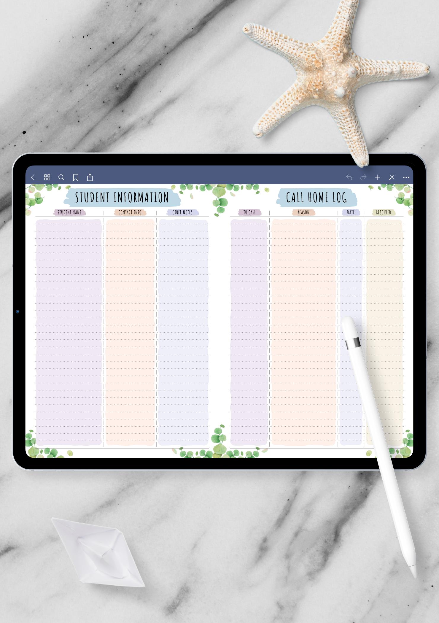 Download Printable Student Info & Call Home - Floral Style PDF