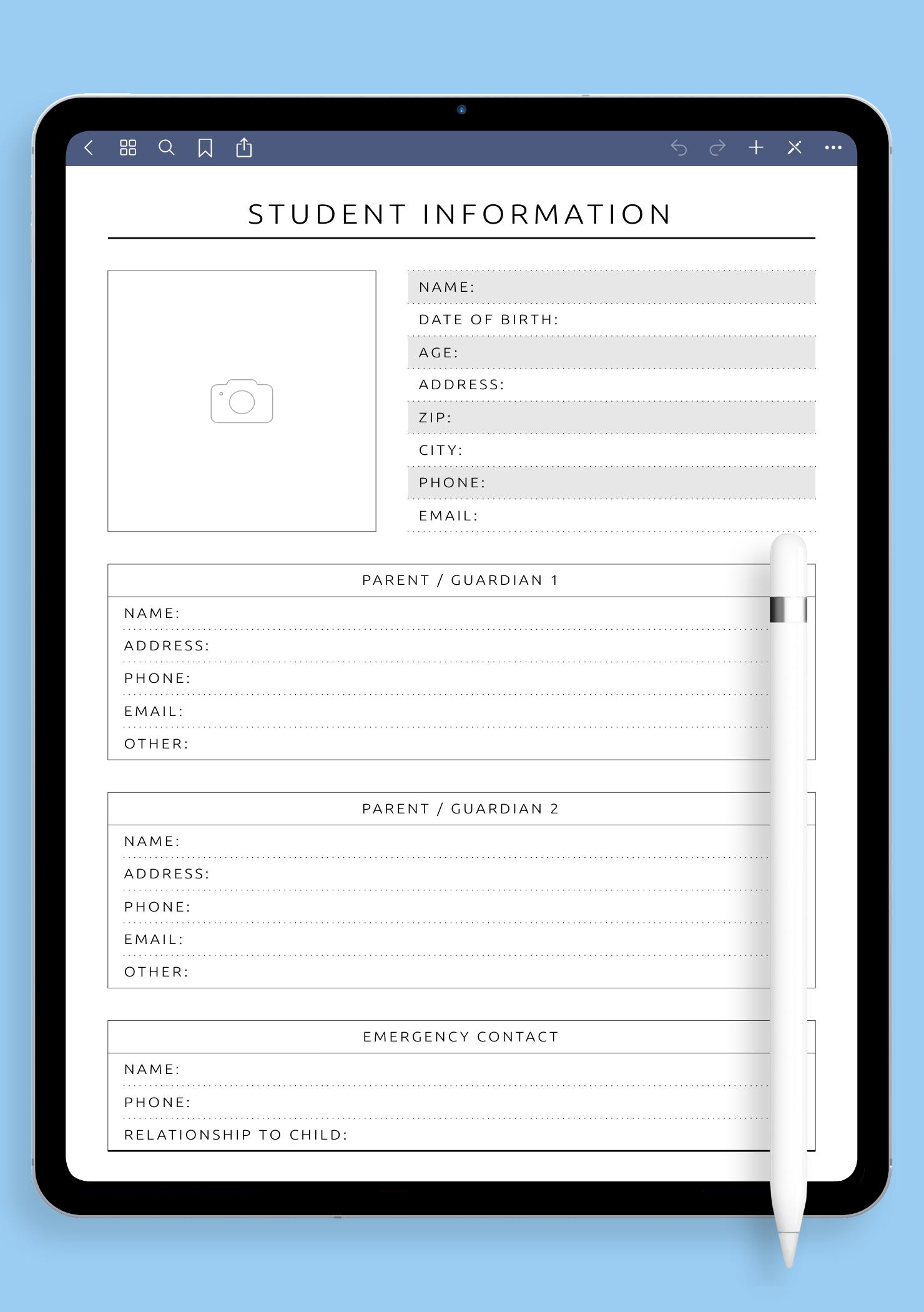 Download Printable Student Info Template PDF