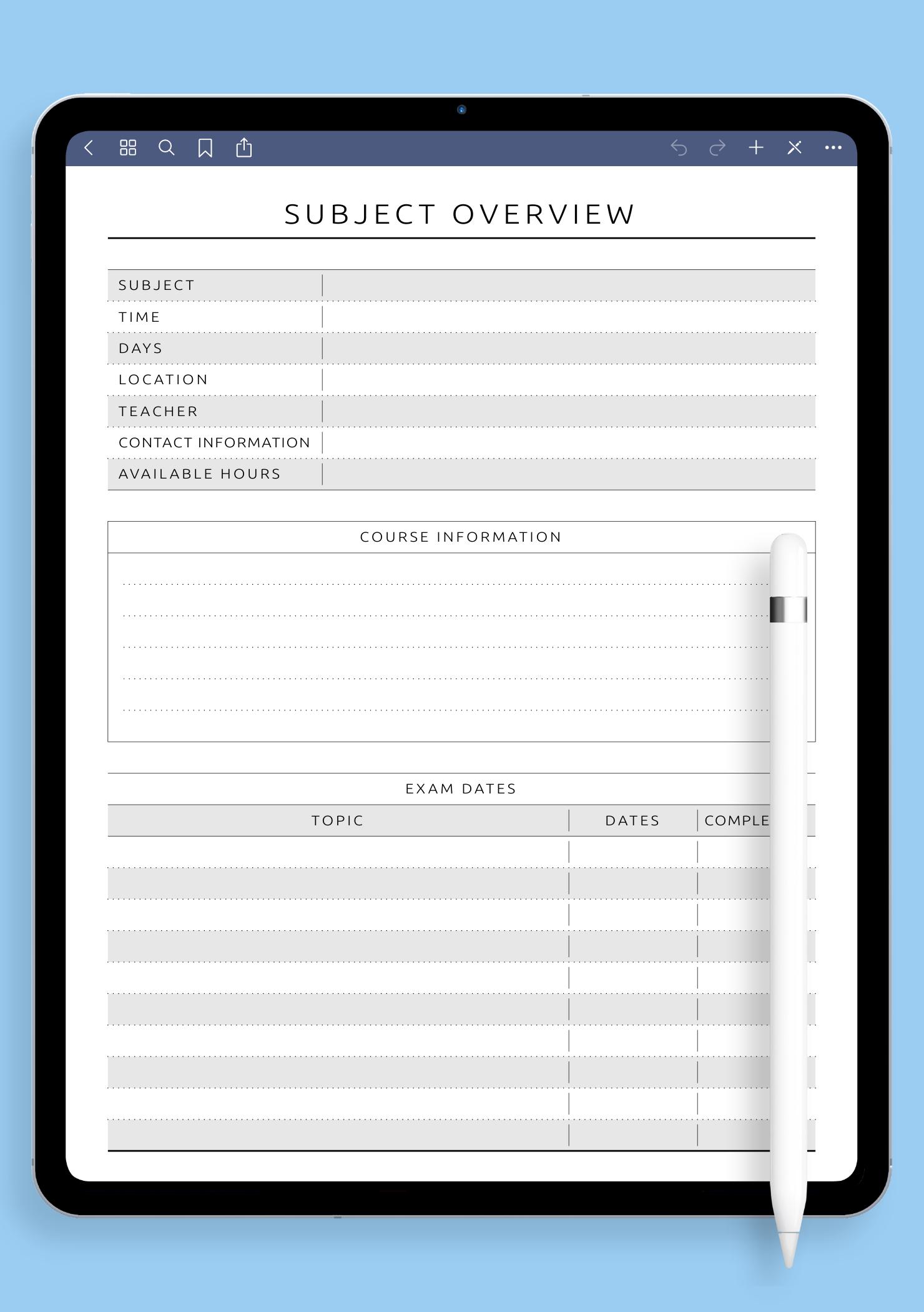 Download Printable Student Subject Overview Template PDF