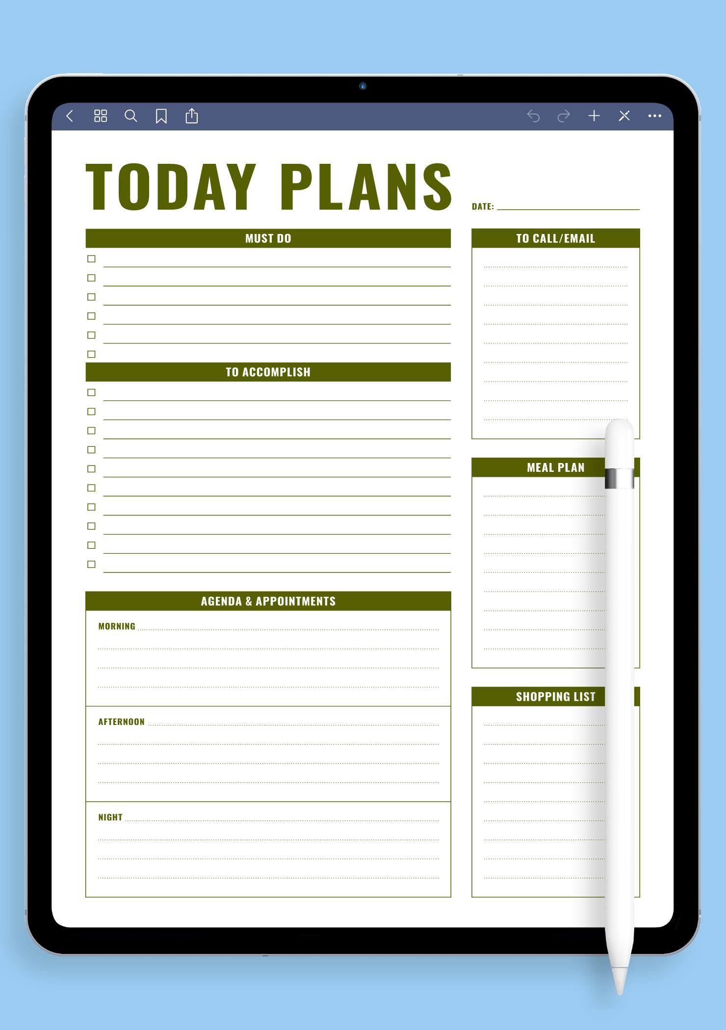 Download Printable Today Plans with Agenda & Appointments PDF