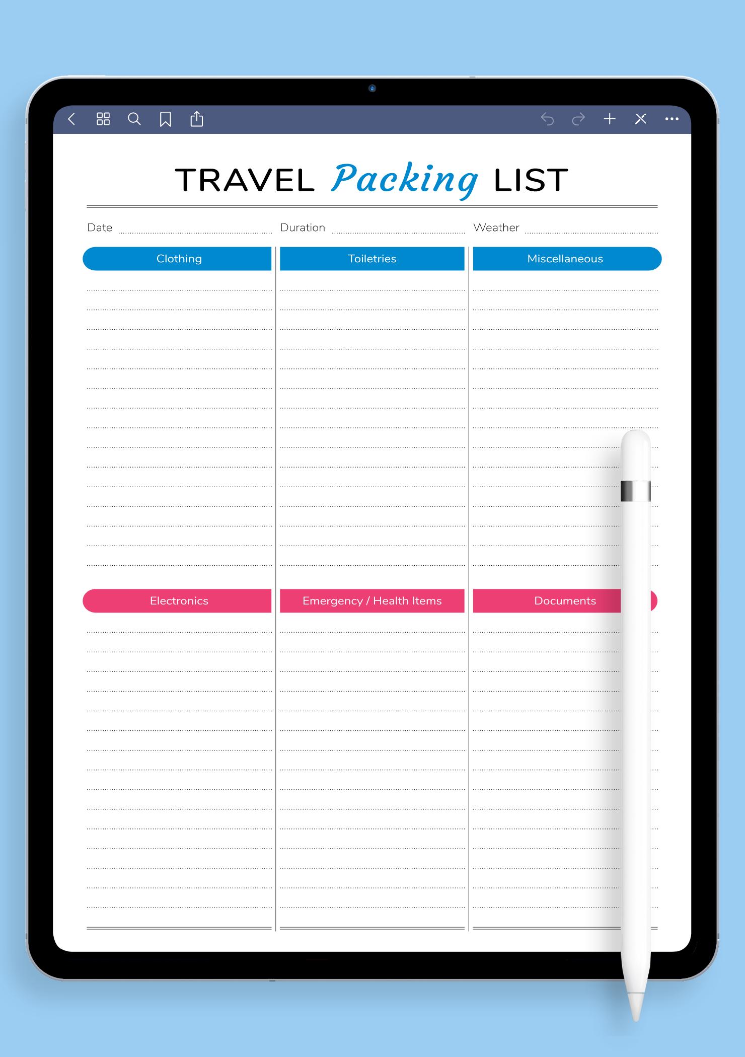 Download Printable Travel Packing List PDF