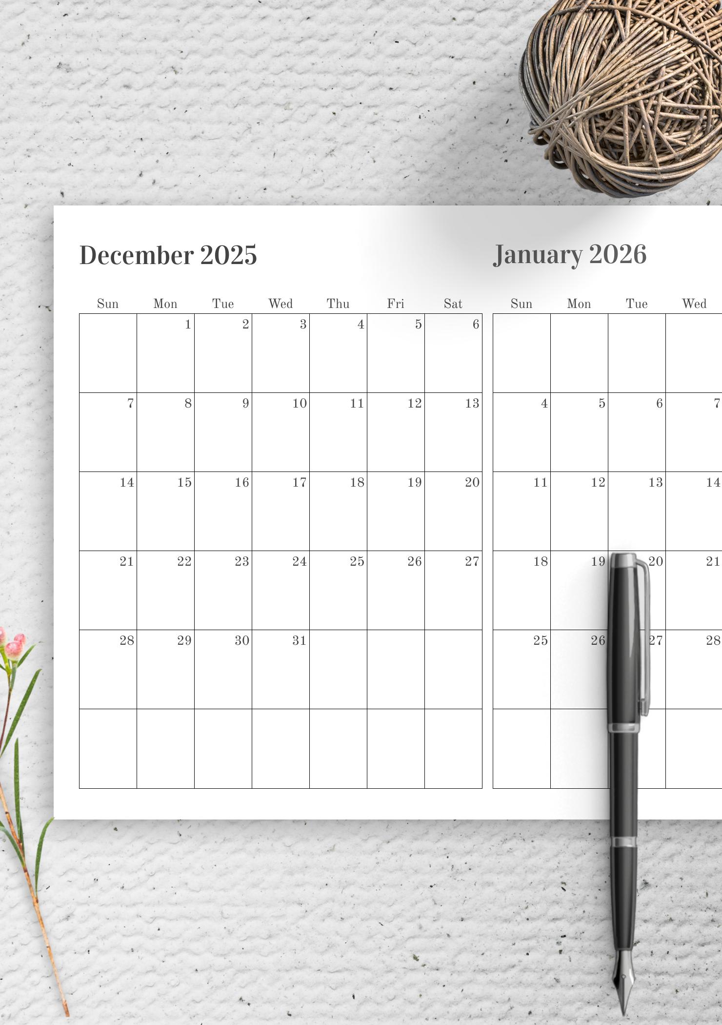 Download Printable Two Months on One Page Calendar PDF