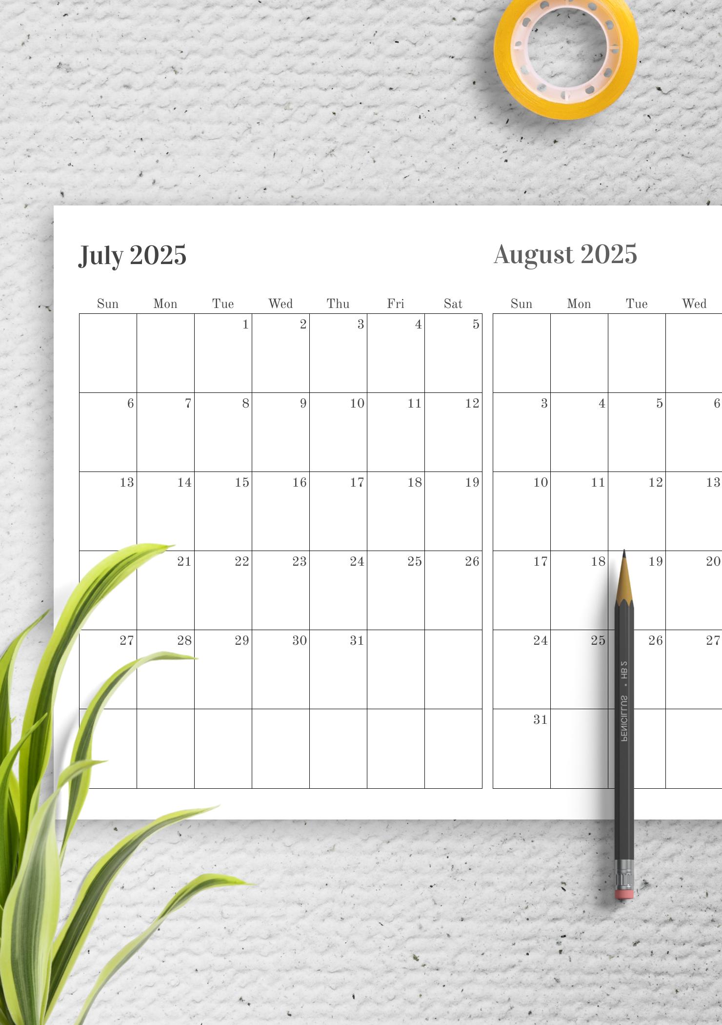 Download Printable Two Months on One Page Calendar PDF