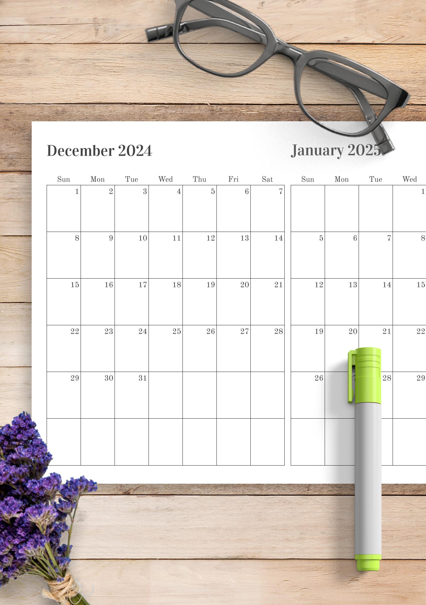Download Printable Two Months on One Page Calendar PDF