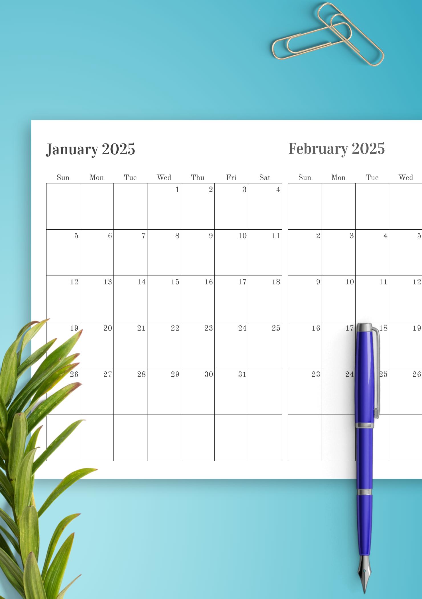 Download Printable Two Months on One Page Calendar PDF