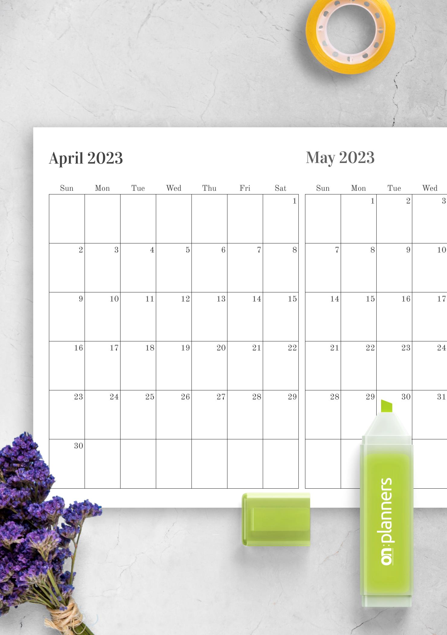 Download Printable Two Months on One Page Calendar PDF