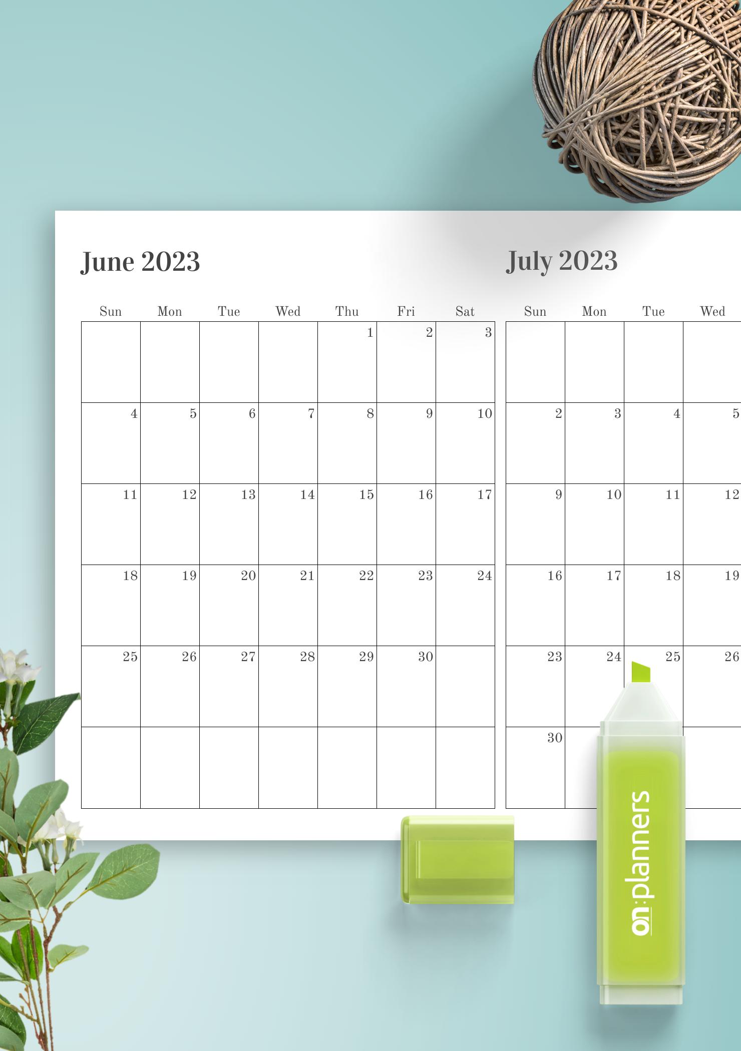 Download Printable Two Months on One Page Calendar PDF