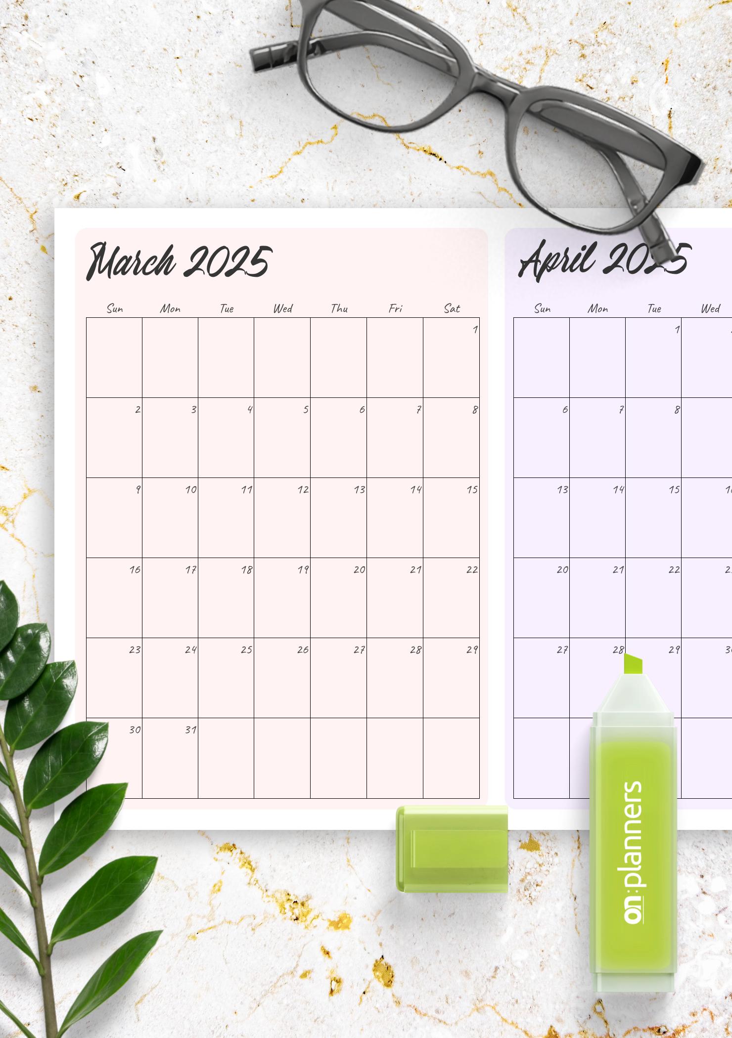 Download Printable Two Months On Page Calendar PDF