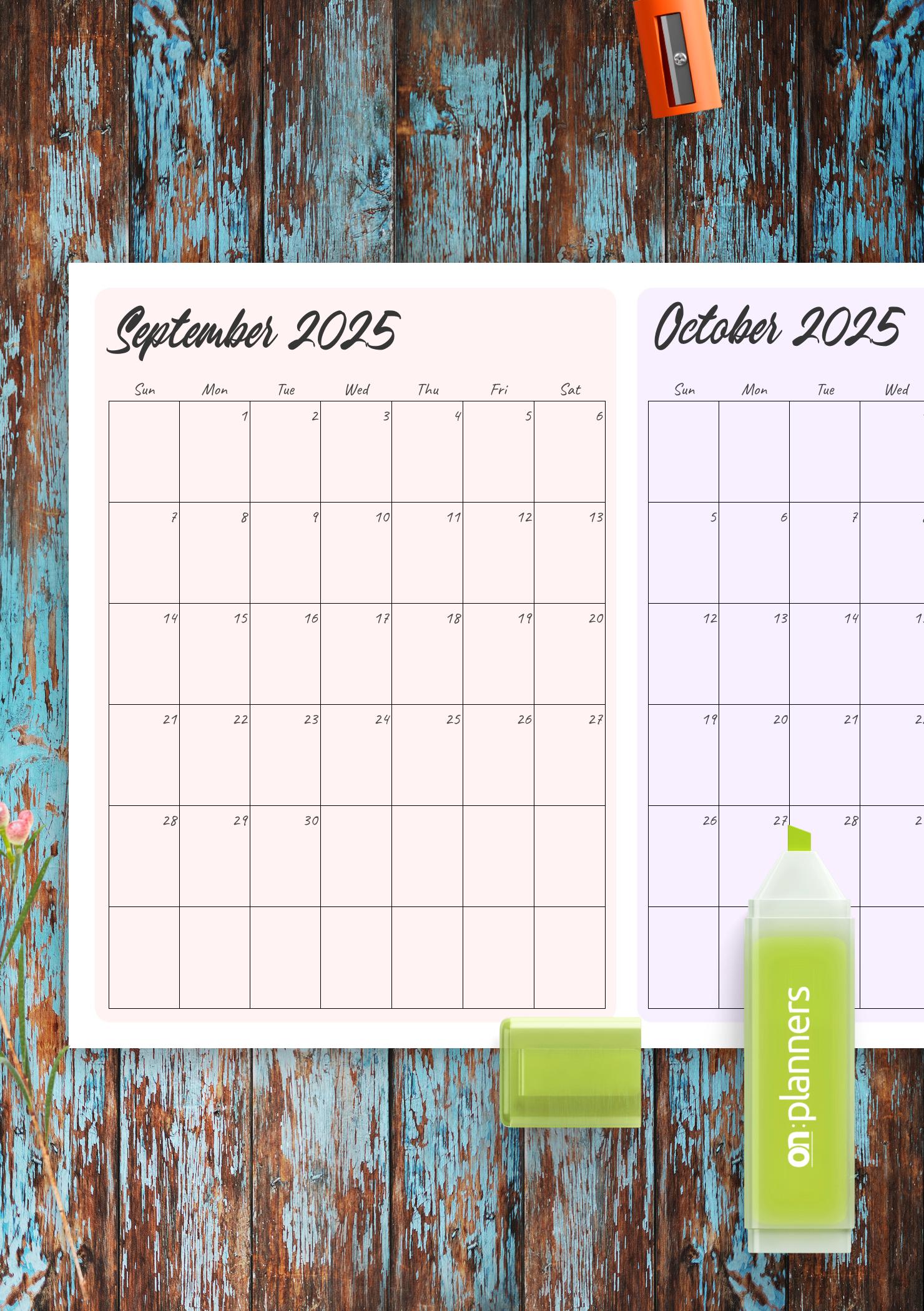 Download Printable Two Months On Page Calendar PDF