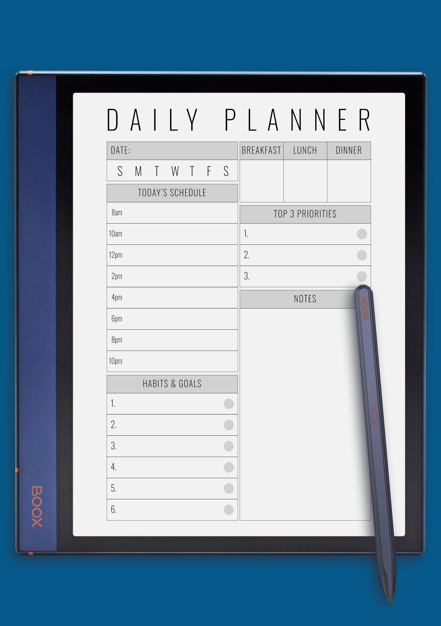 Download Printable Undated daily planner with big section for notes PDF