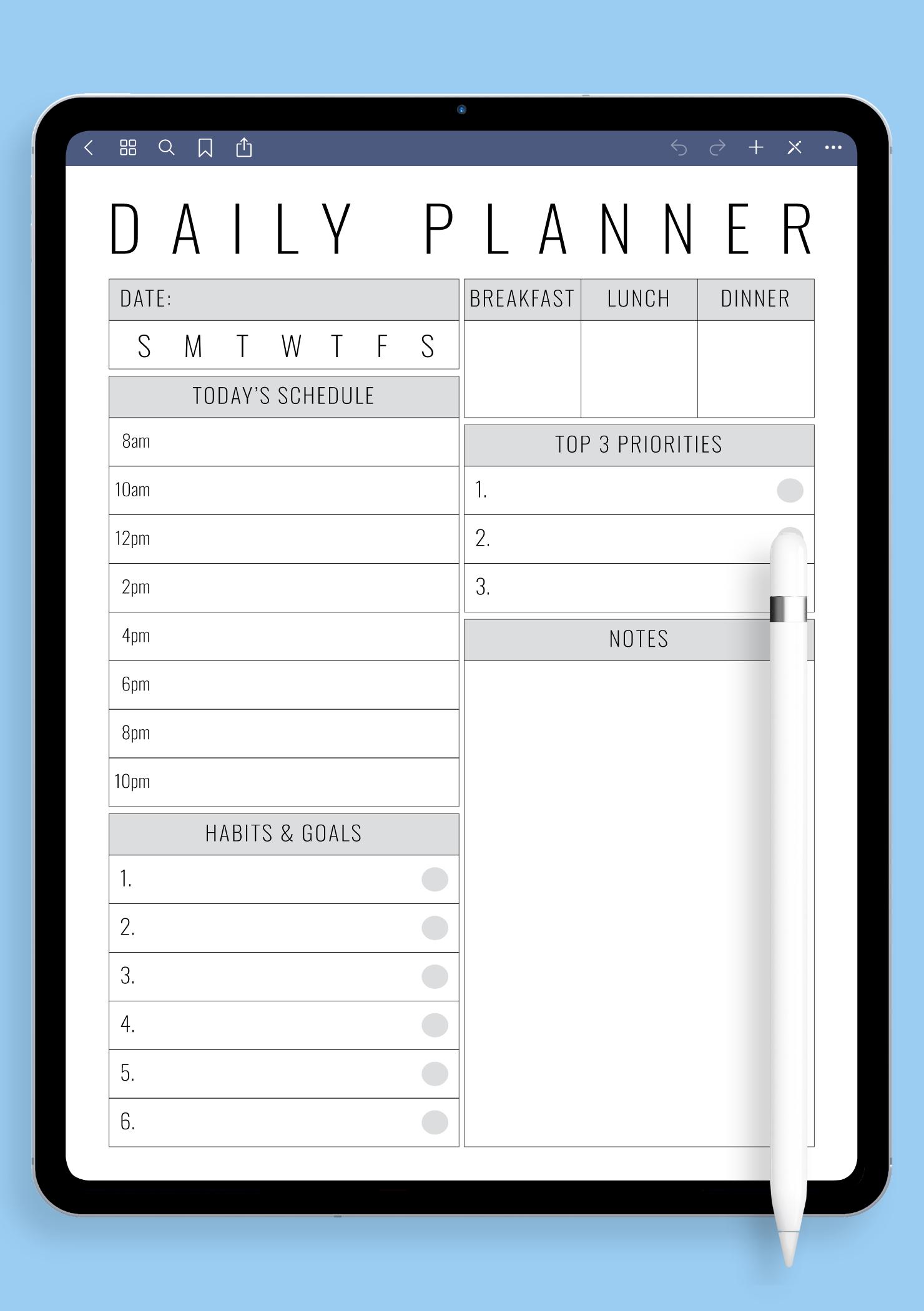 Download Printable Undated daily planner with big section for notes PDF