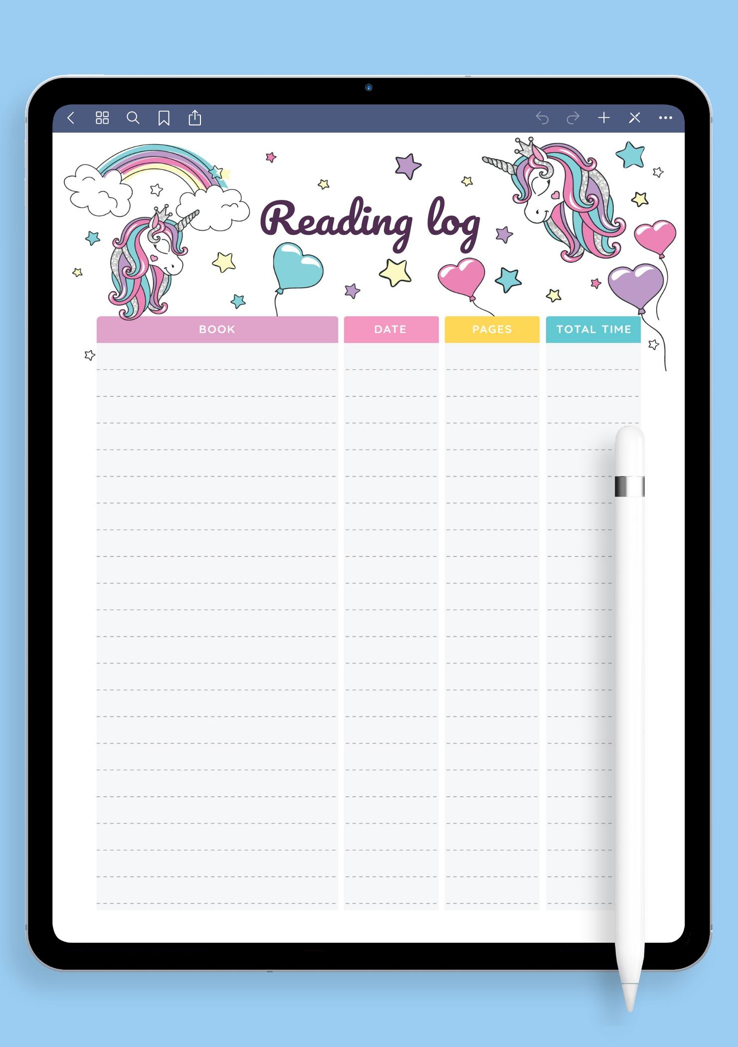Download Printable Unicorn Reading Log Template For Kids PDF