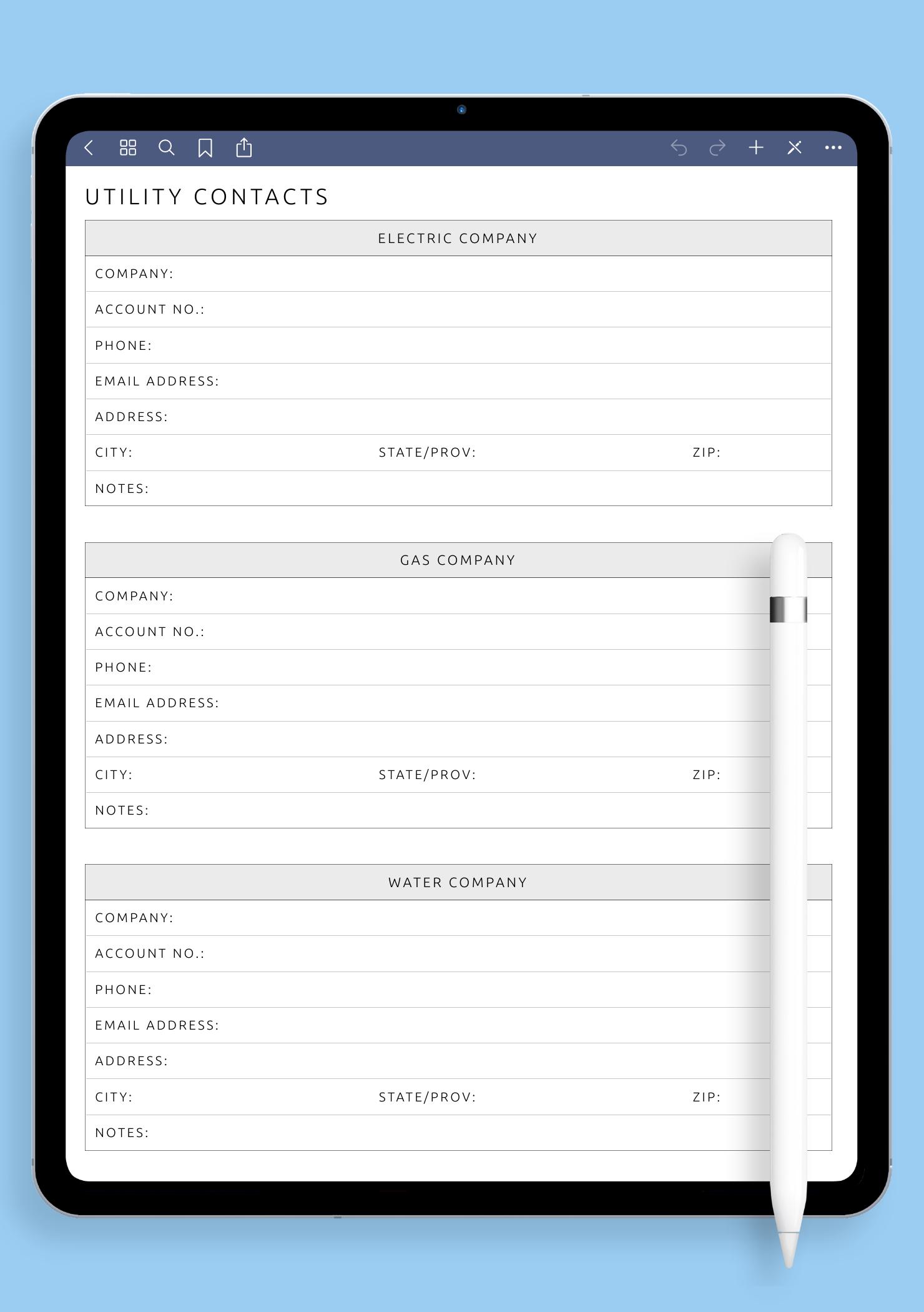 Download Printable Utility Contacts Template PDF