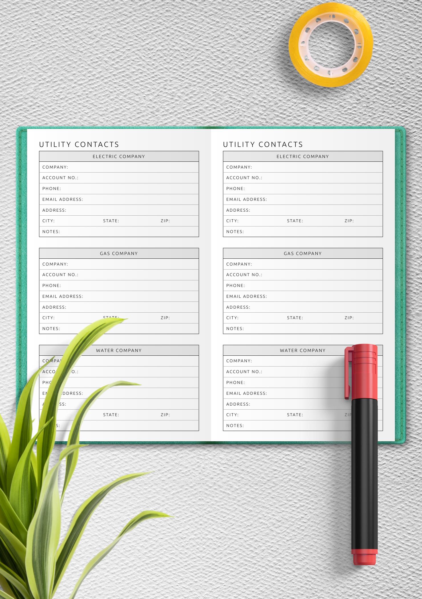 Download Printable Utility Contacts Template PDF