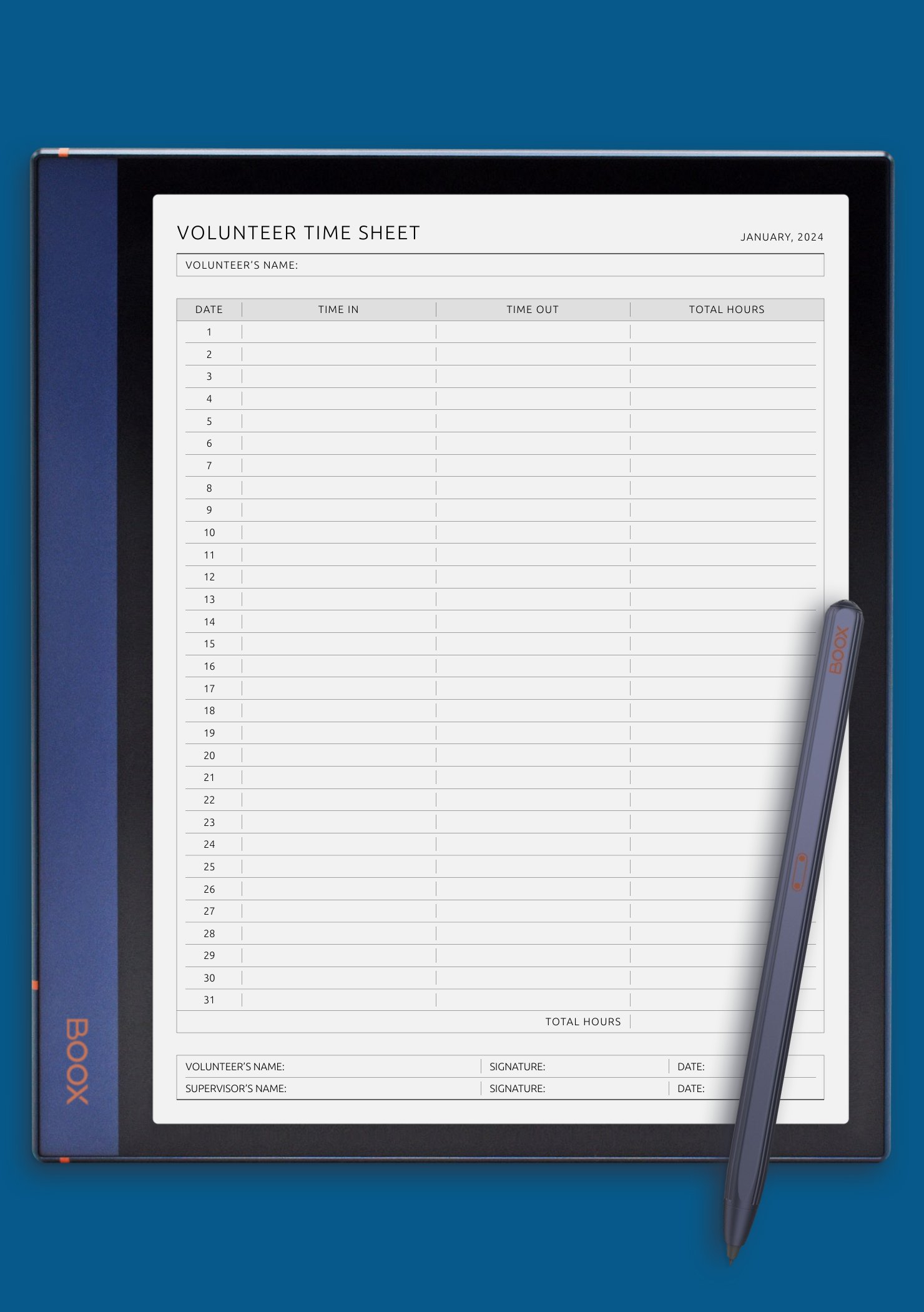 Download Printable Volunteer Time Sheet Template PDF