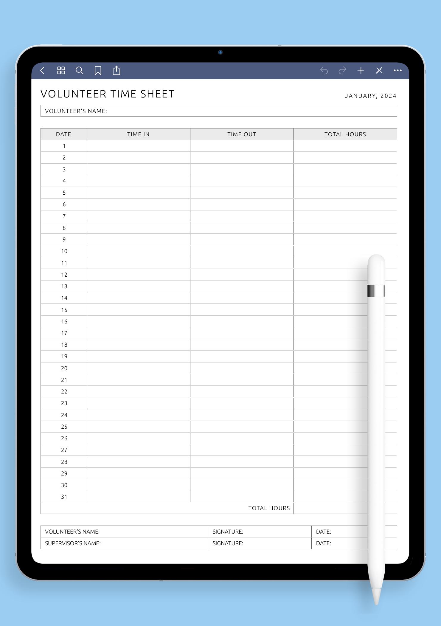 Download Printable Volunteer Time Sheet Template PDF