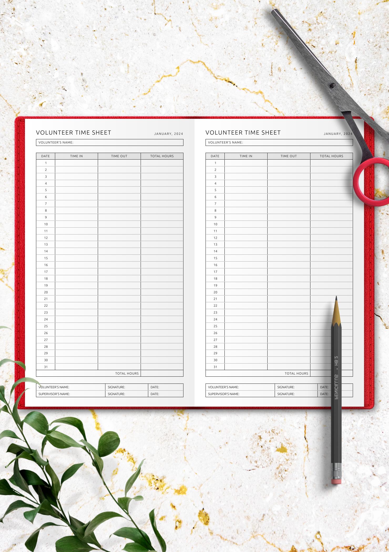 Download Printable Volunteer Time Sheet Template PDF