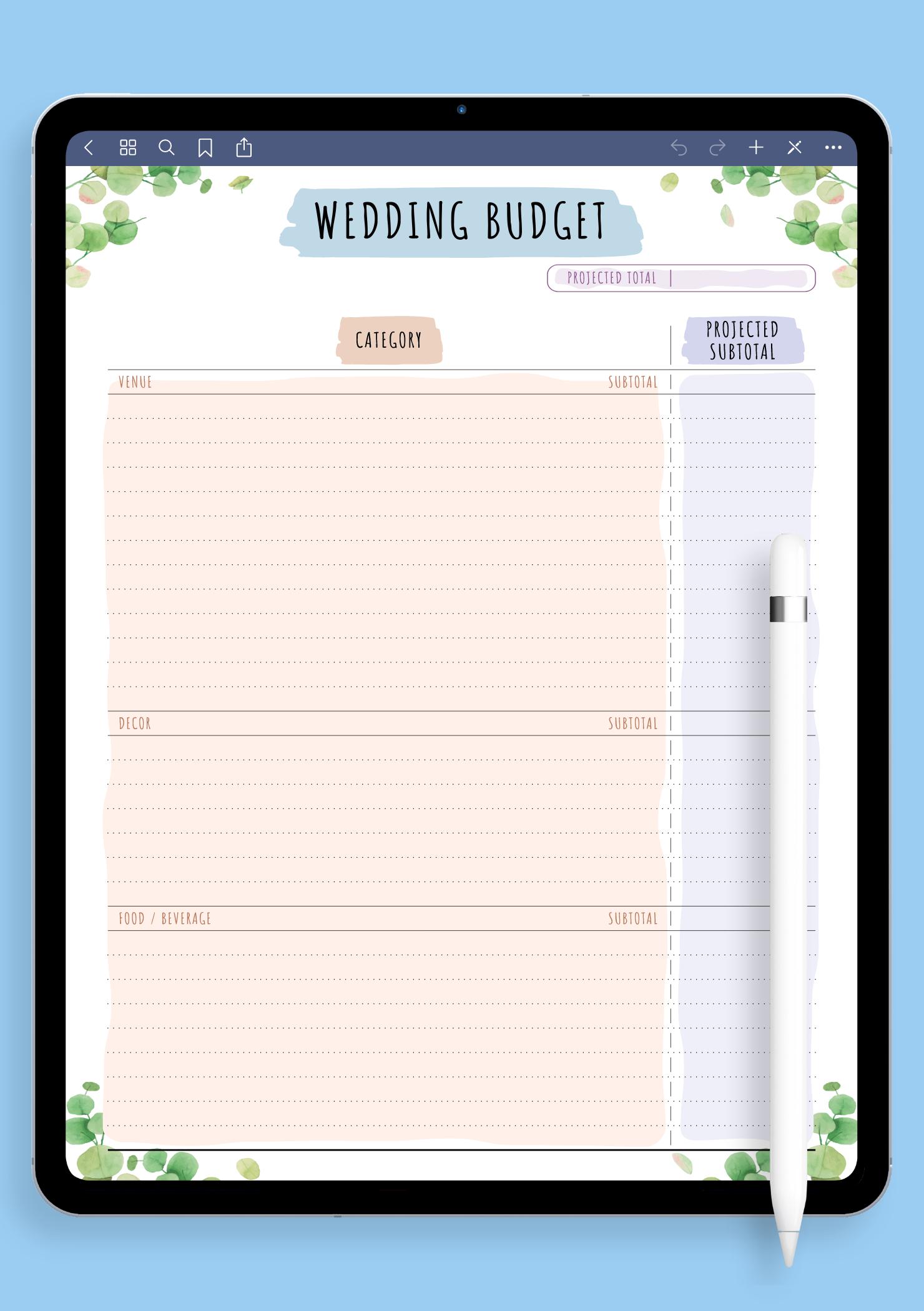 Download Printable Wedding Budget Template - Floral PDF