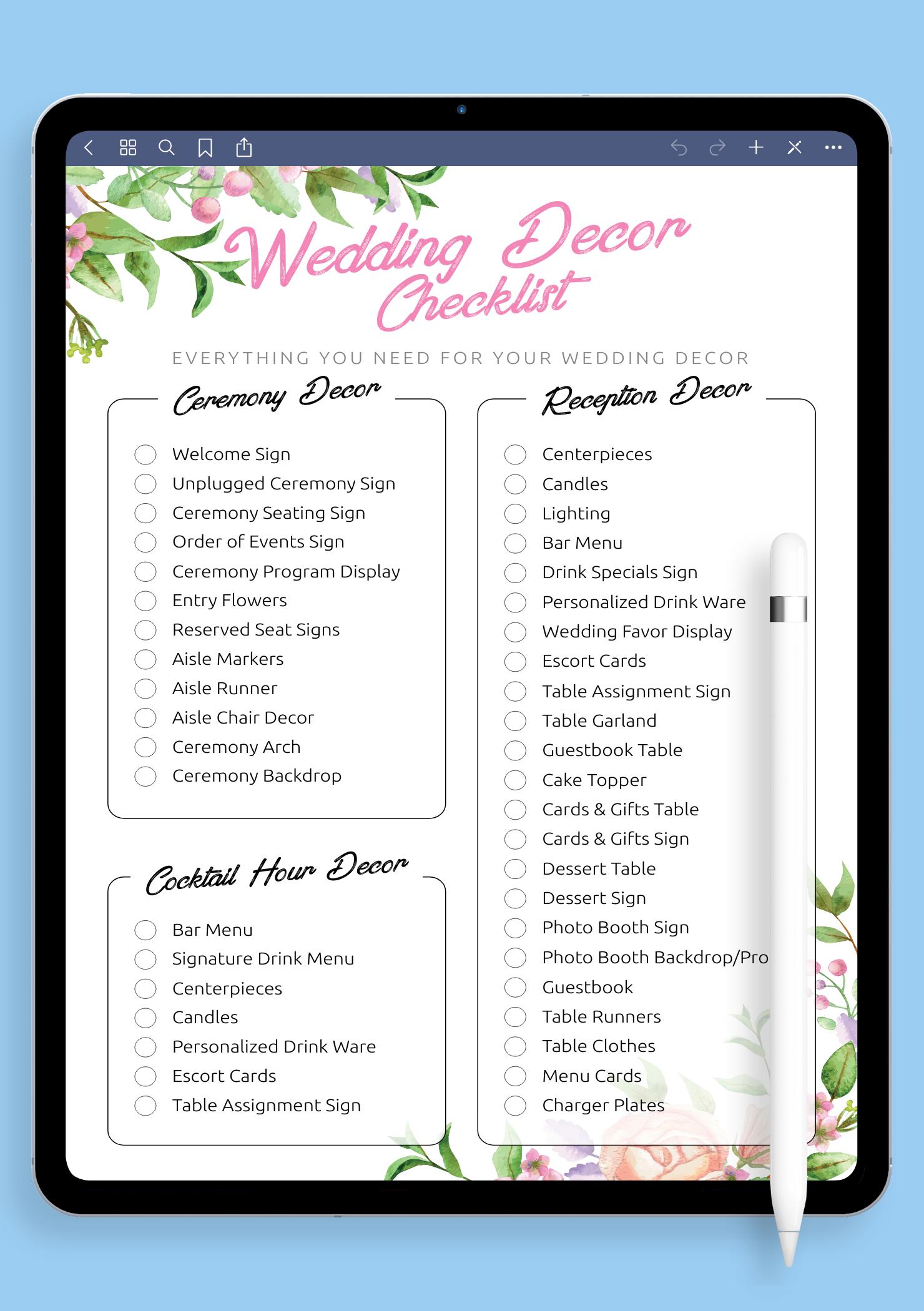 Download Printable Wedding Decor Checklist PDF