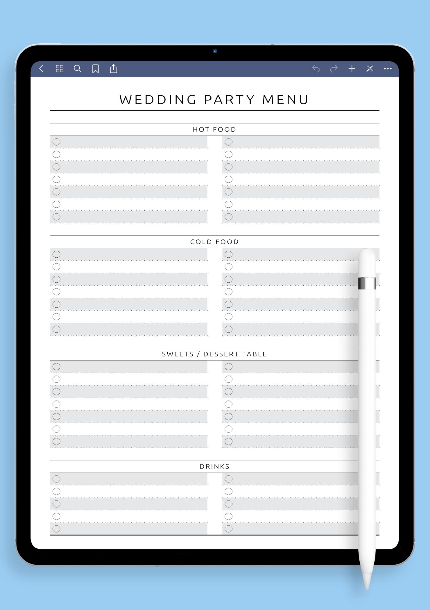 Download Printable Wedding Party Menu Template - Original PDF