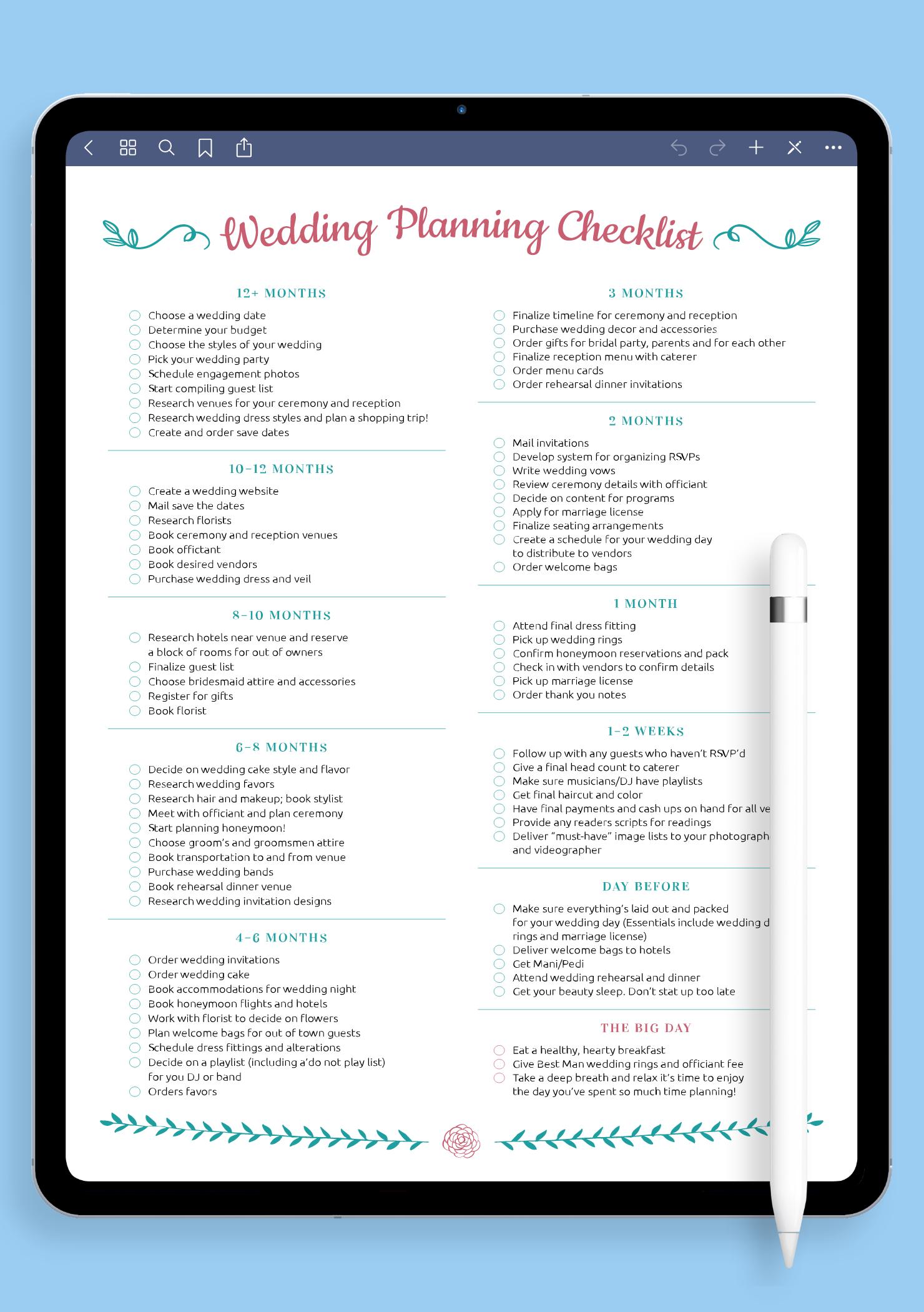 Download Printable Wedding Planning Checklist - Romantic Style PDF