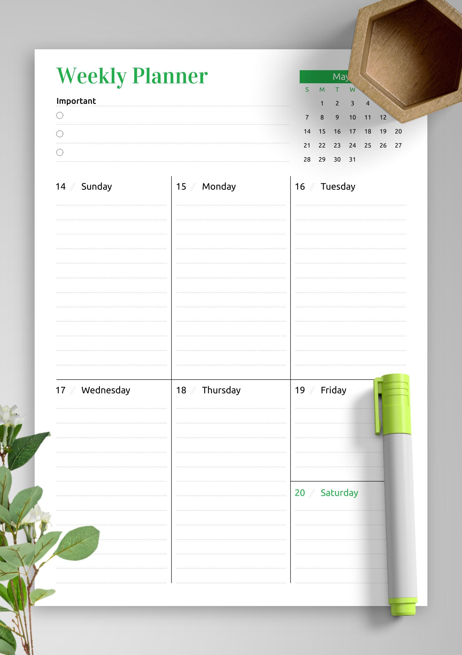 Download Printable Week at a Glance planner with calendar PDF
