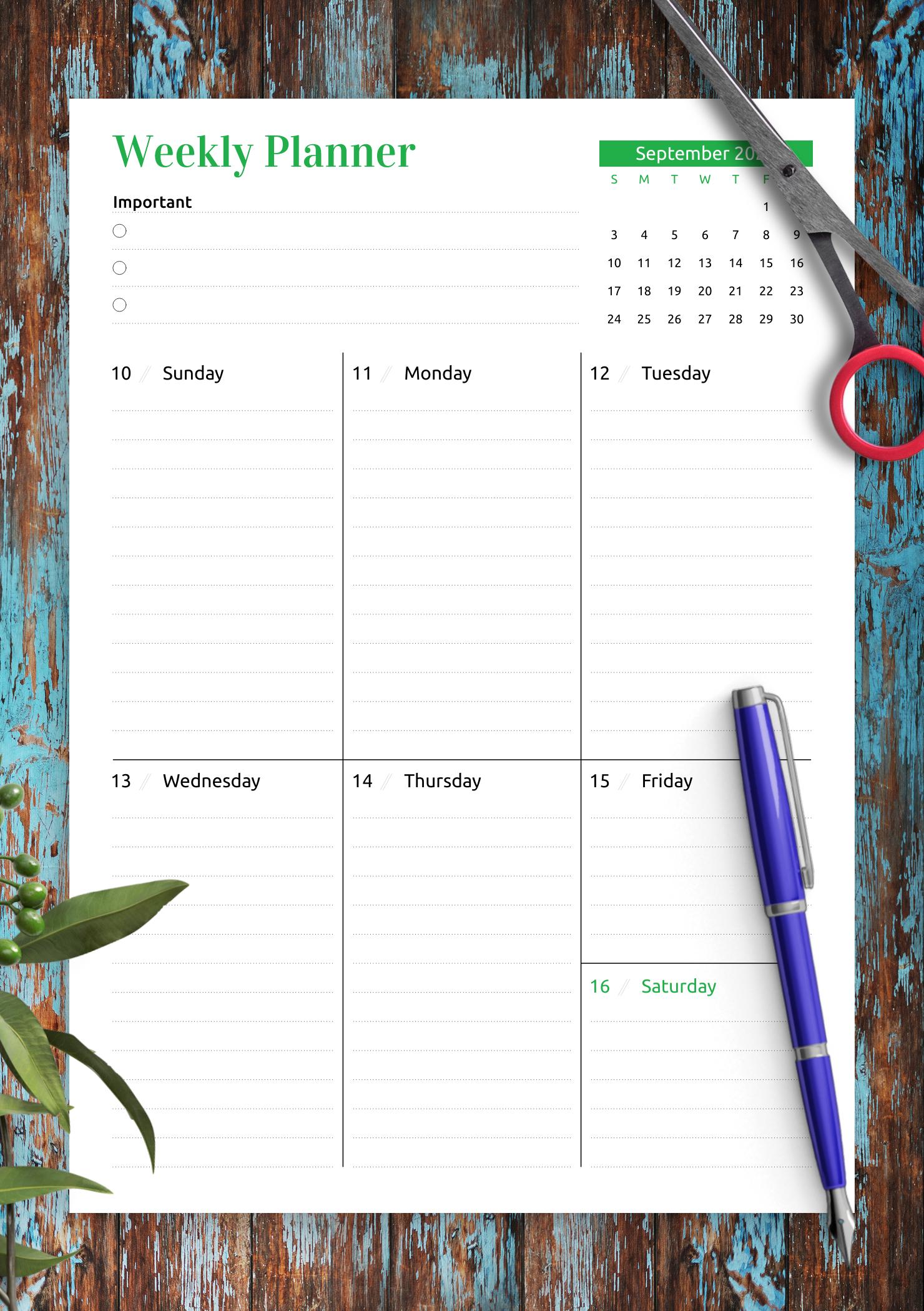 Download Printable Week at a Glance planner with calendar PDF