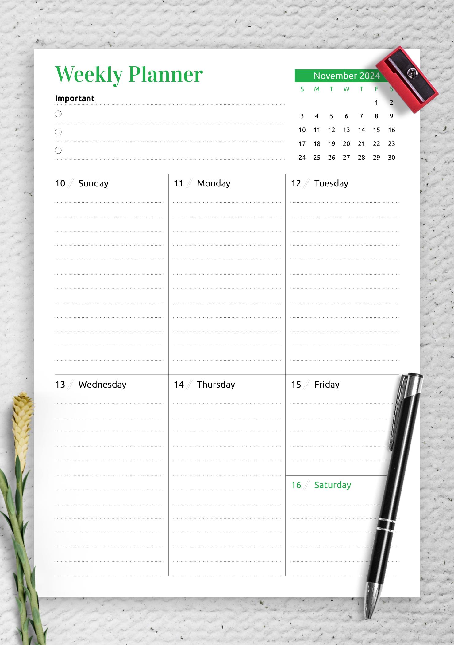 Download Printable Week at a Glance planner with calendar PDF
