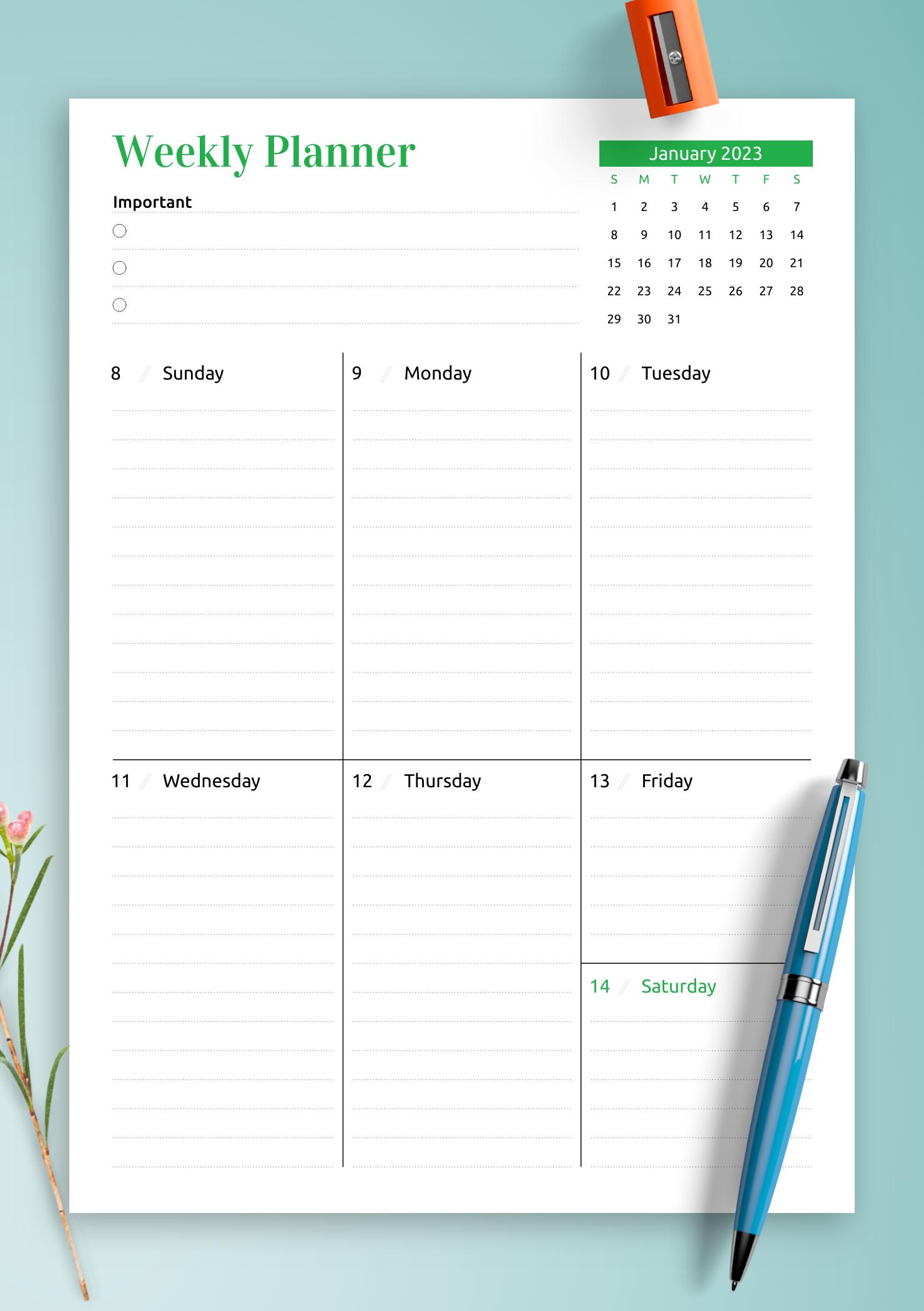 Download Printable Week at a Glance planner with calendar PDF