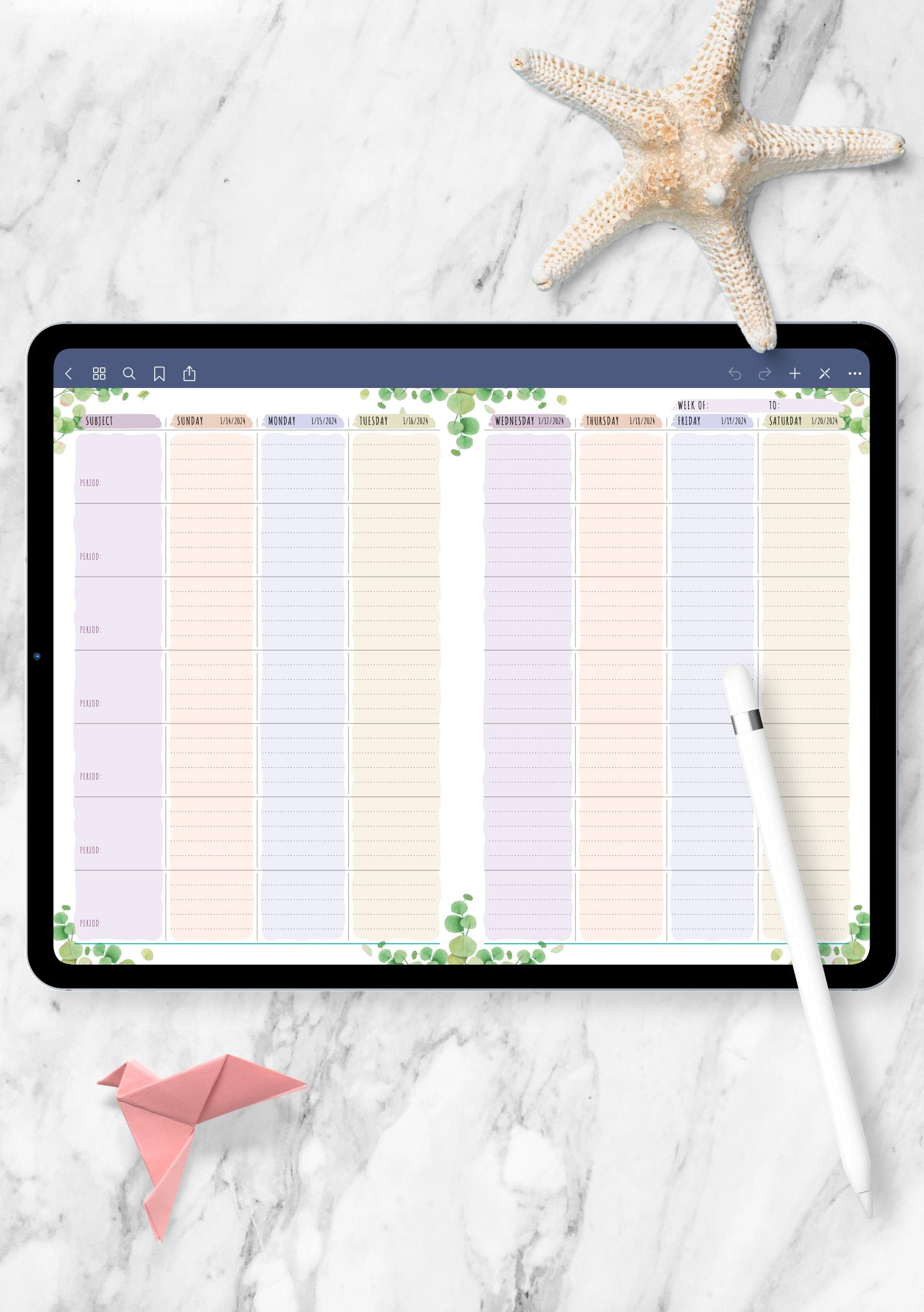 Download Printable Week Lesson Plan - Floral Style - Full Week PDF