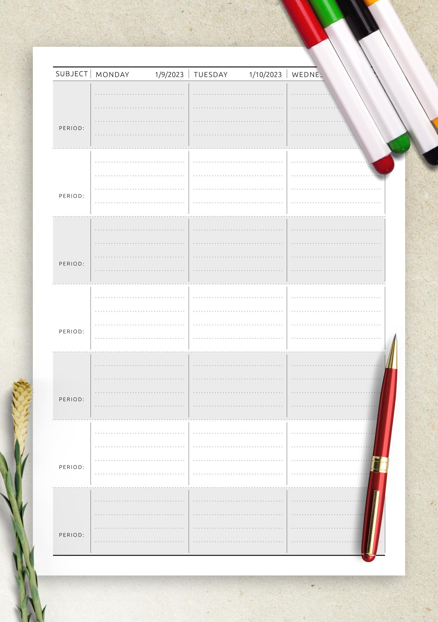 Download Printable Week Lesson Plan - Original Style PDF