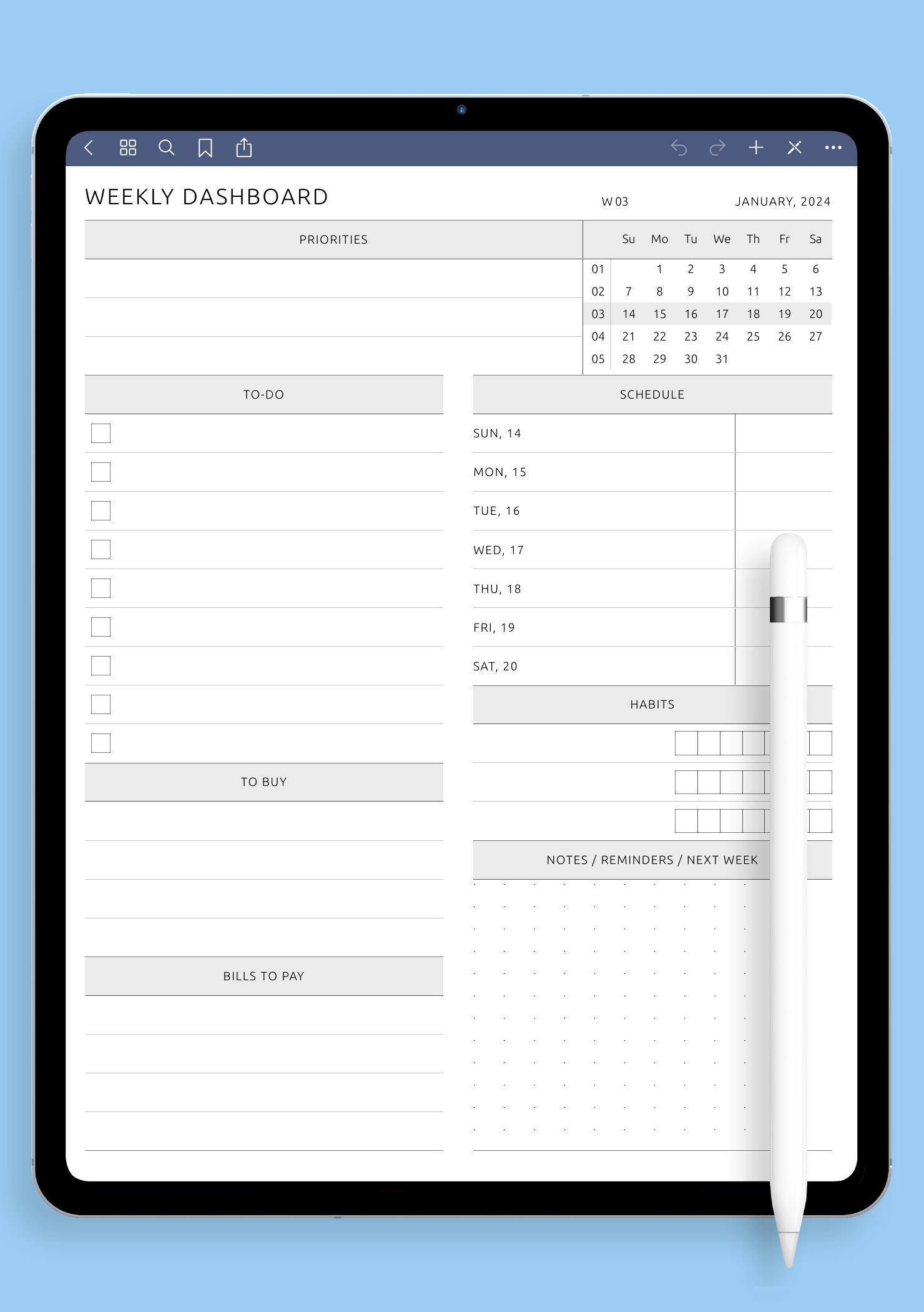 Download Printable Weekly Dashboard Customizable PDF