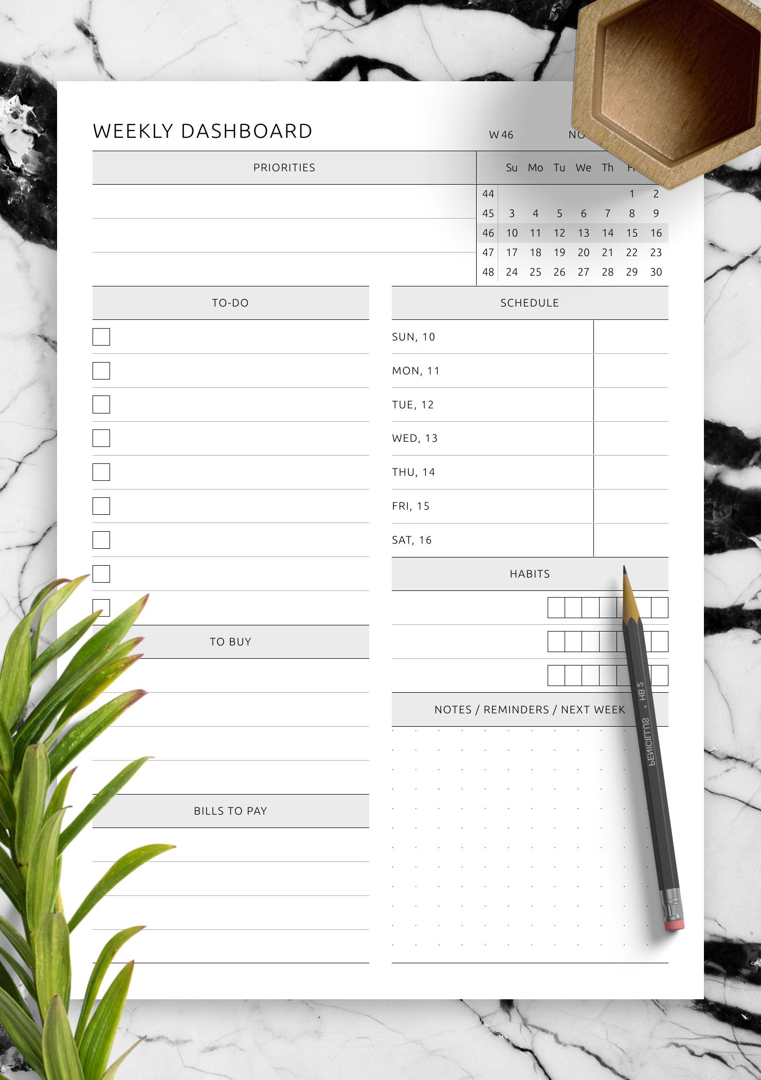 Download Printable Weekly Dashboard Customizable PDF