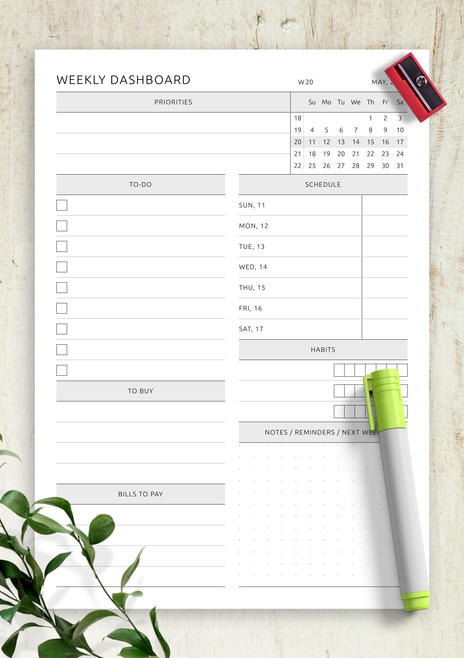 Download Printable Weekly Dashboard Customizable PDF