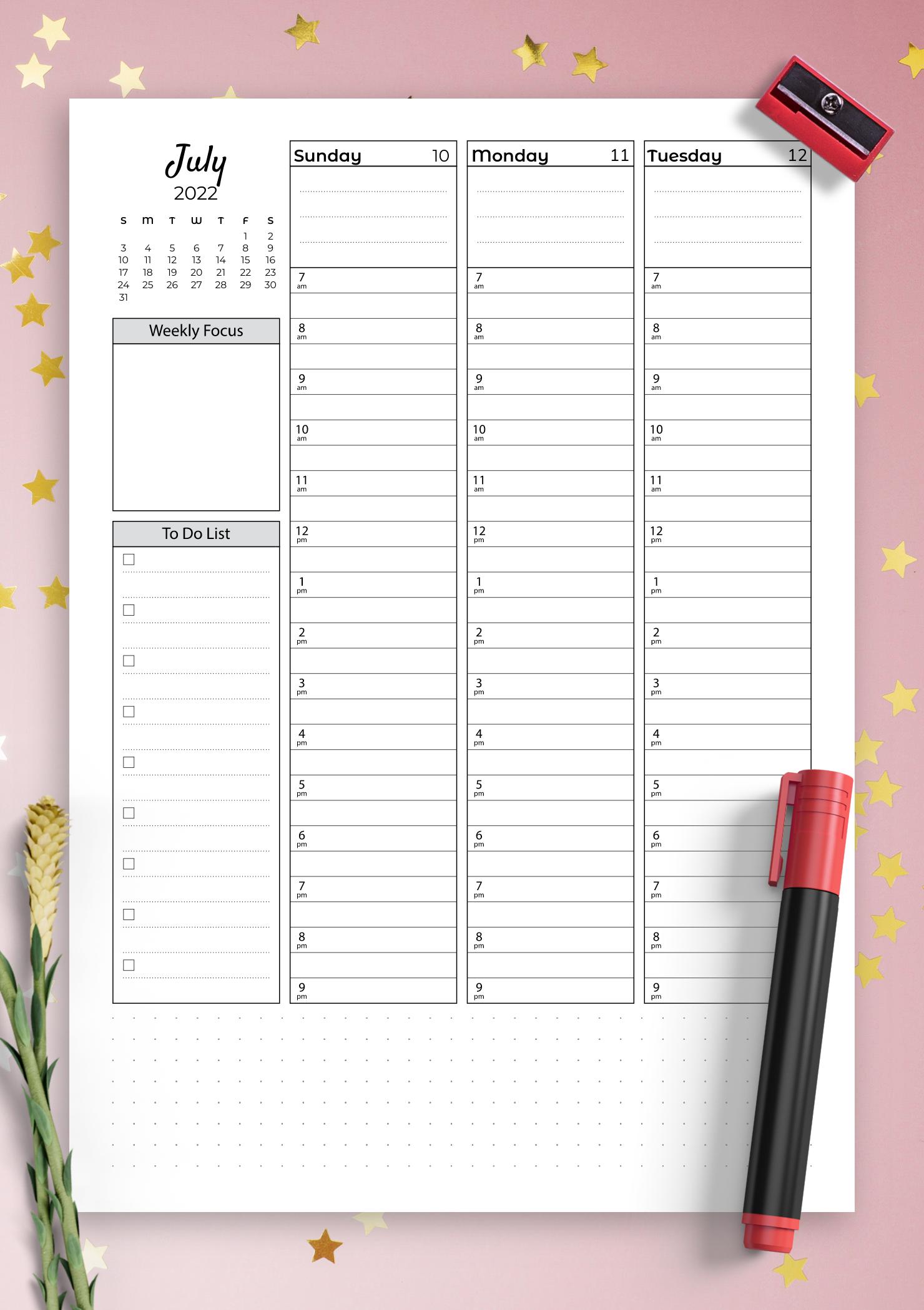 Download Printable Weekly hourly planner with todo list PDF