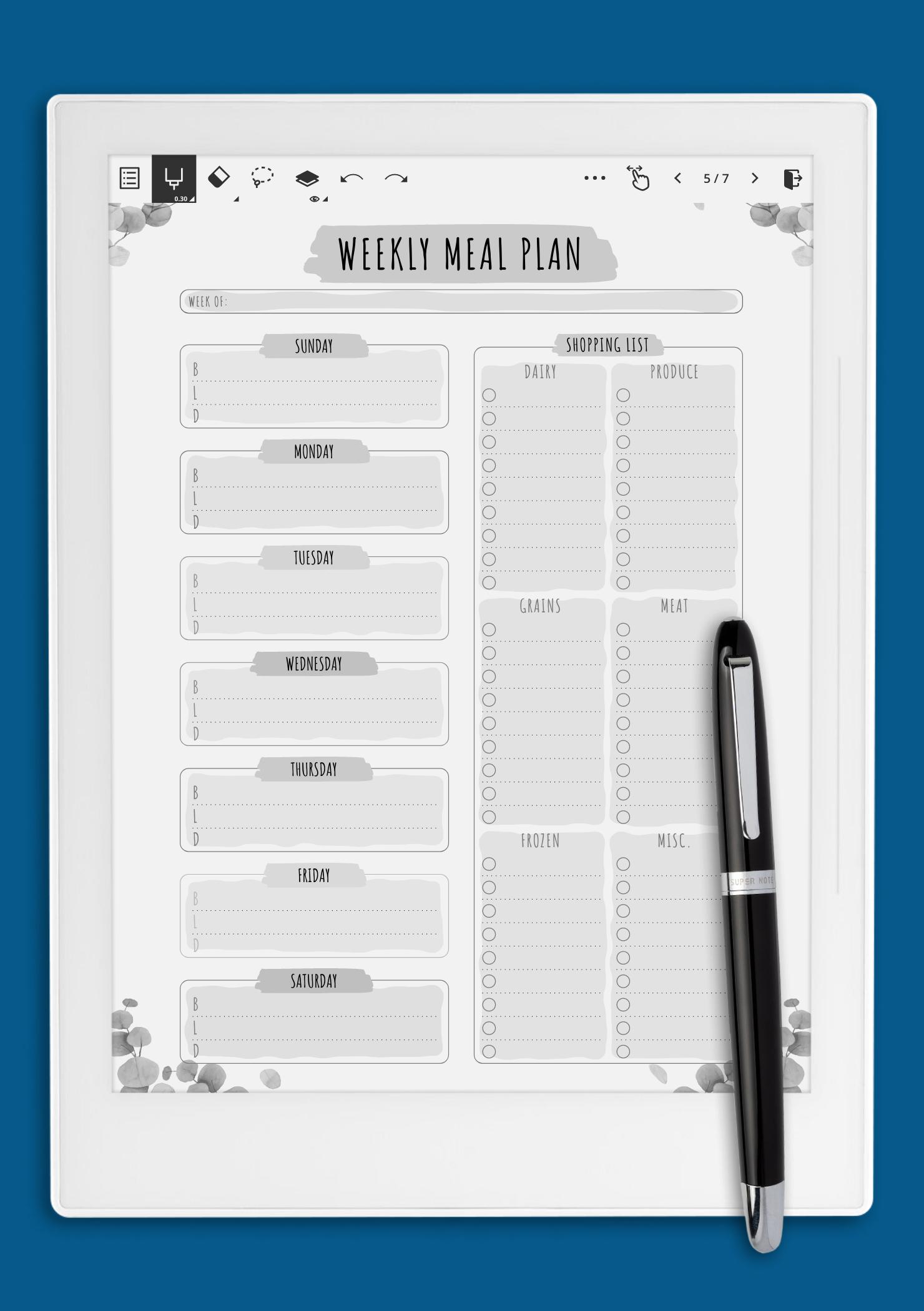 Download Printable Weekly Meal Plan with Shopping List - Floral Style PDF