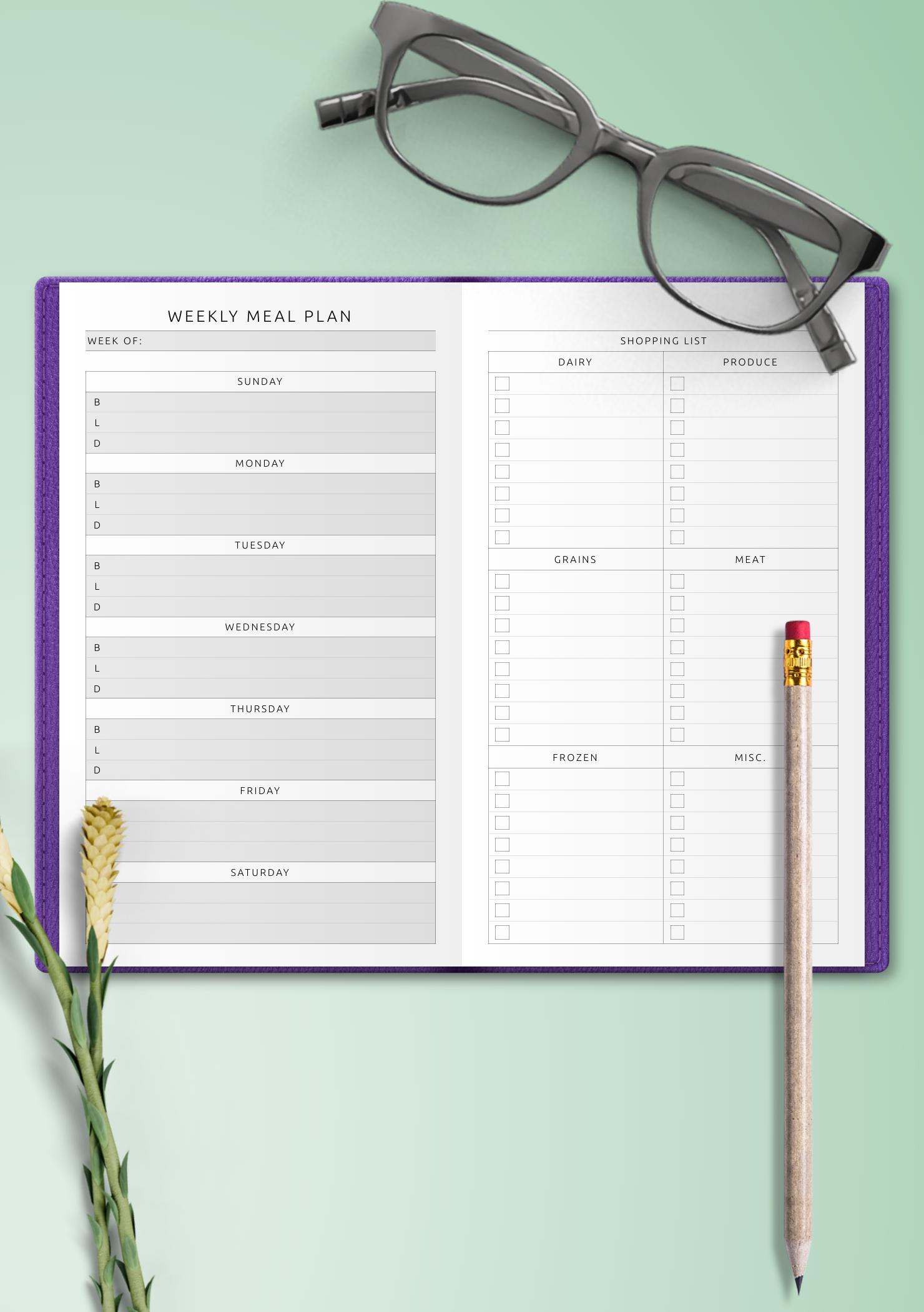 Download Printable Weekly Meal Plan with Shopping List - Original Style PDF