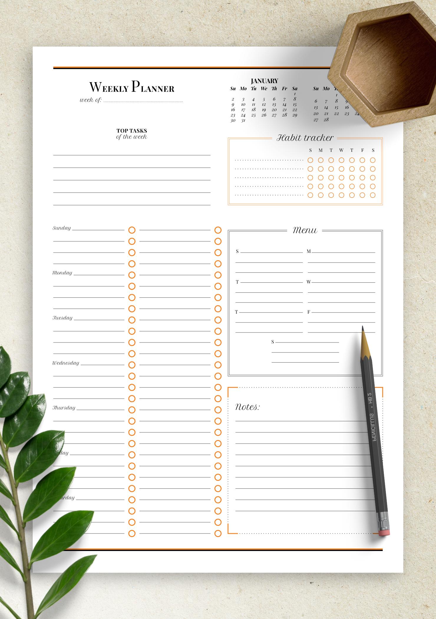 Download Printable Weekly planner with habit tracker PDF