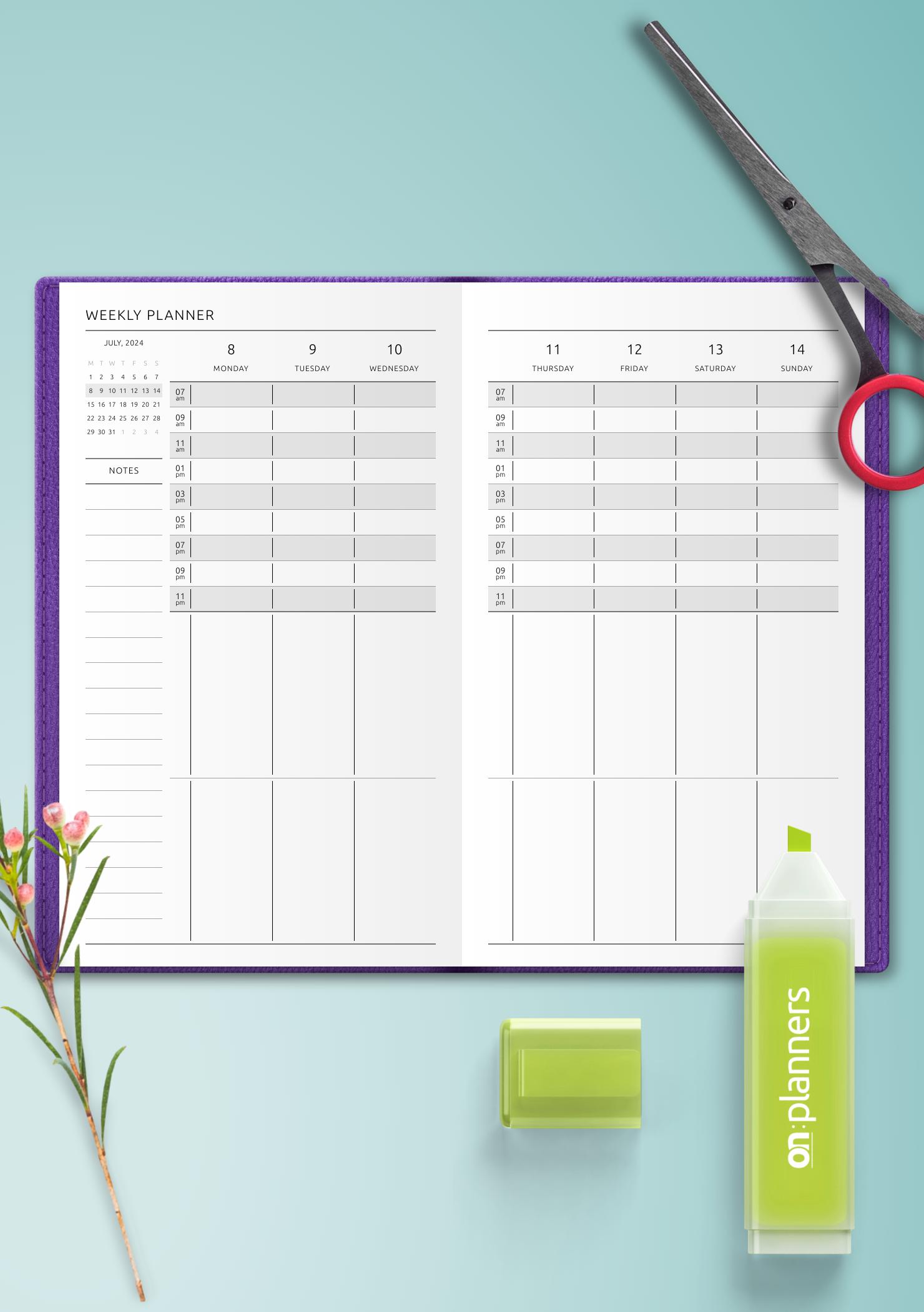 Download Printable Weekly Planner Template with Notes PDF
